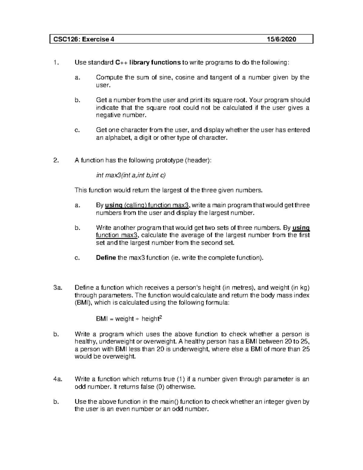 exercise 4 for coding c++ diploma sains komputer uitm cs110 - CSC126 ...