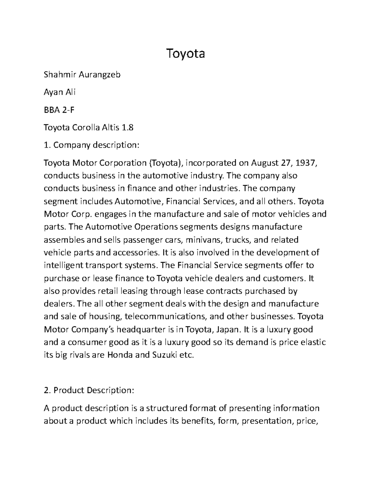 Toyota project shahmir and ayan - Toyota Shahmir Aurangzeb Ayan Ali BBA 2-F Toyota Corolla Altis ...