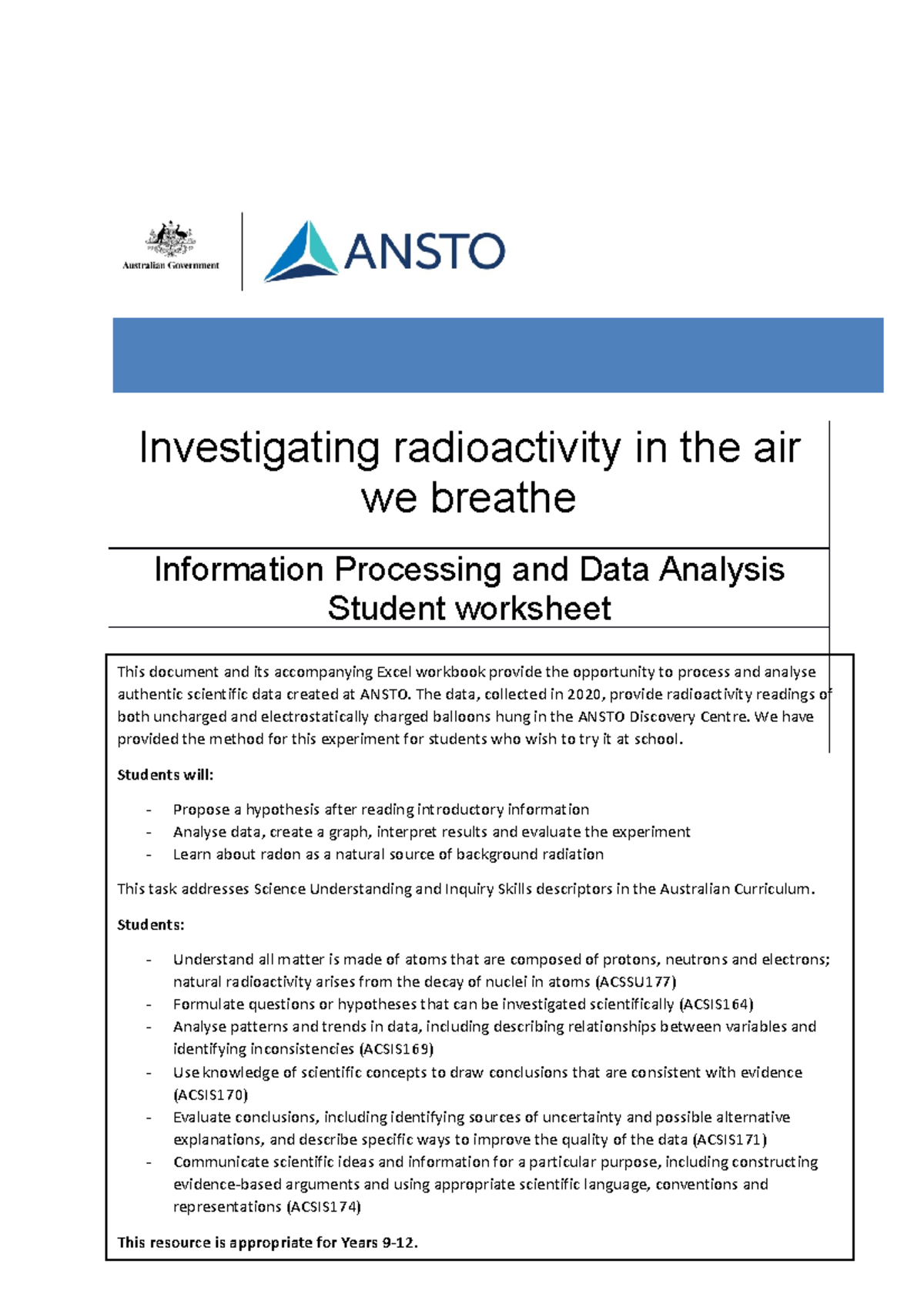 Investigating radiation in the air we breathe Student Workbook 1 ...