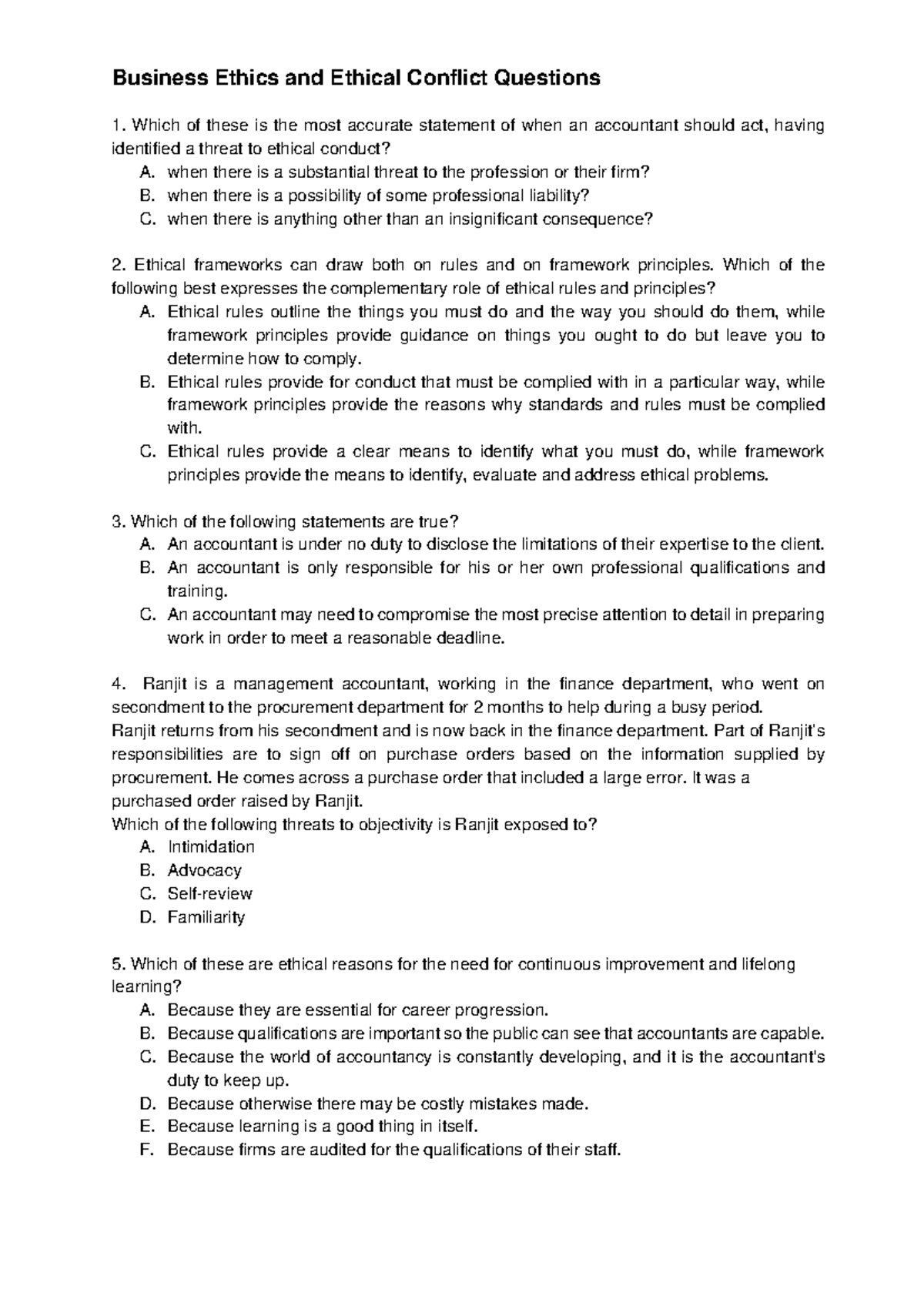 Business Ethics and Ethical Conflict Multiple choice questions ...