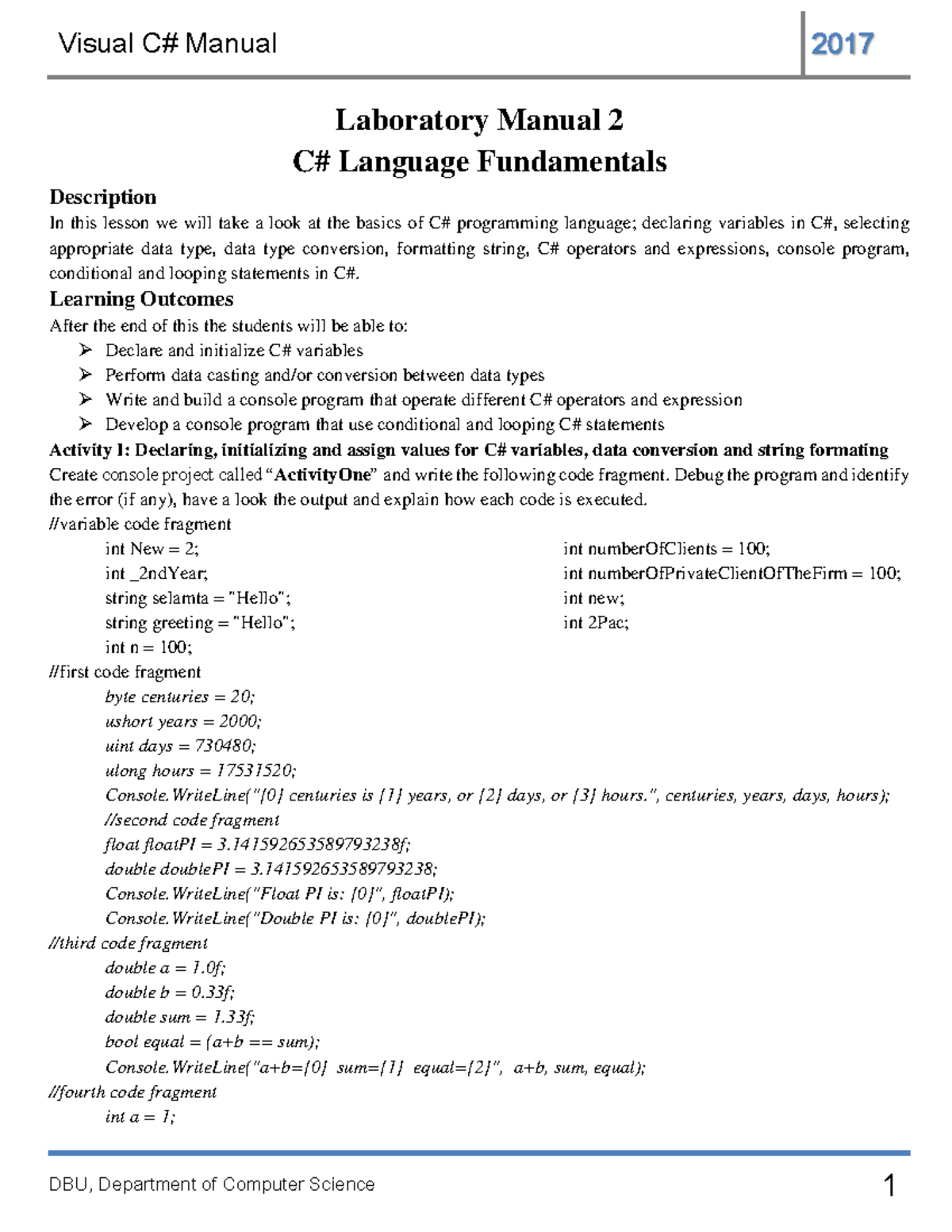 Visual-C#-Lab Man-2 C# Fundamentals - Laboratory Manual 2 C# Language Fundamentals Description ...