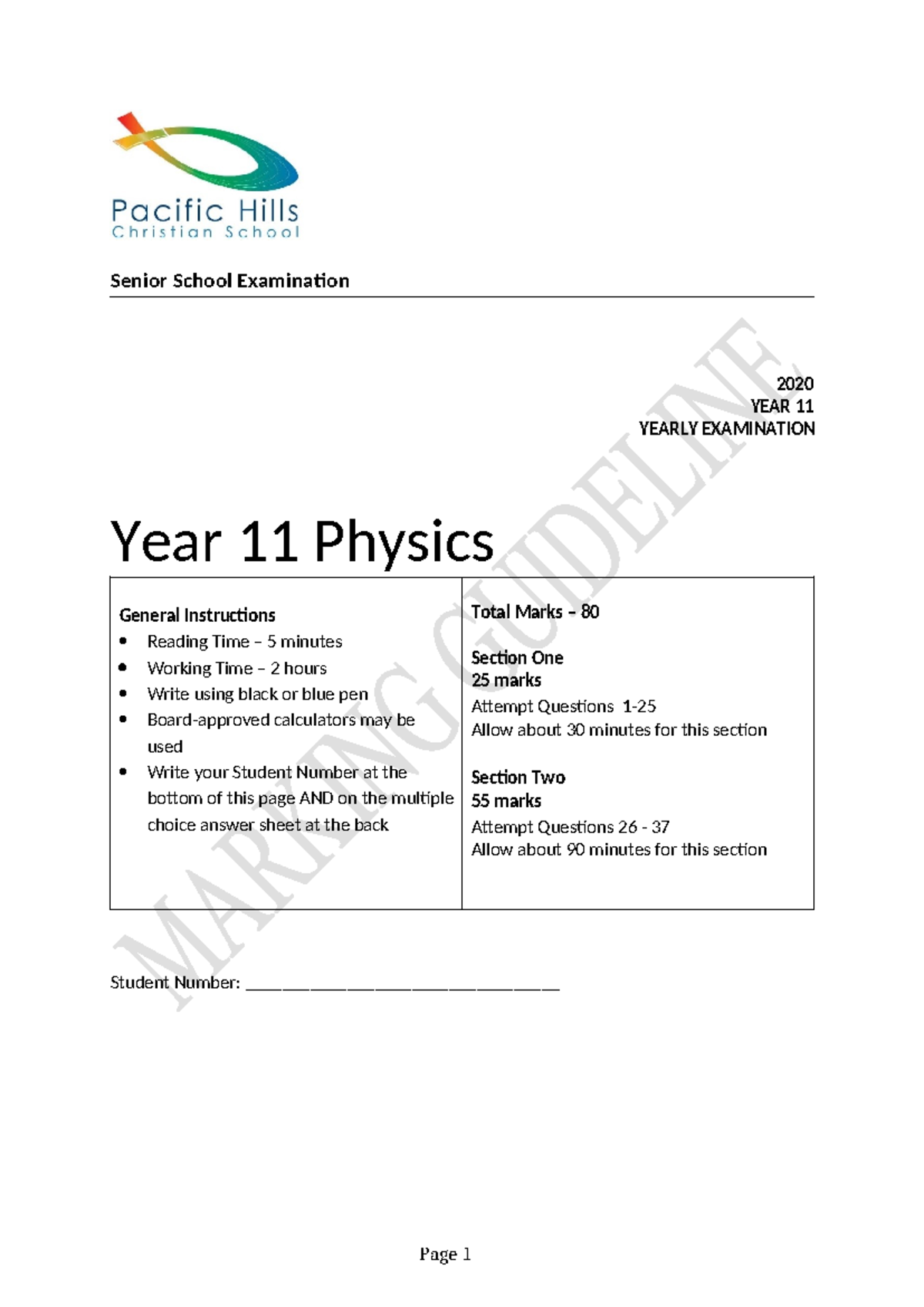 Yearly Exam Physics 2020 Marking Guideline 2 - Senior School ...