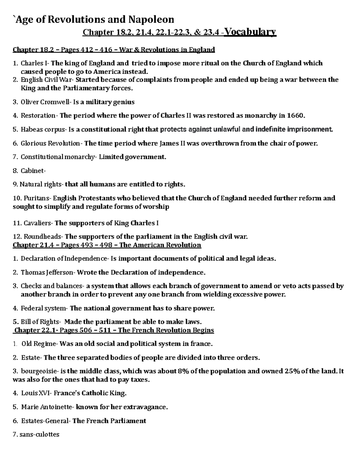 Age of Revolutions and Napoleon - Vocabulary - `Age of Revolutions and ...