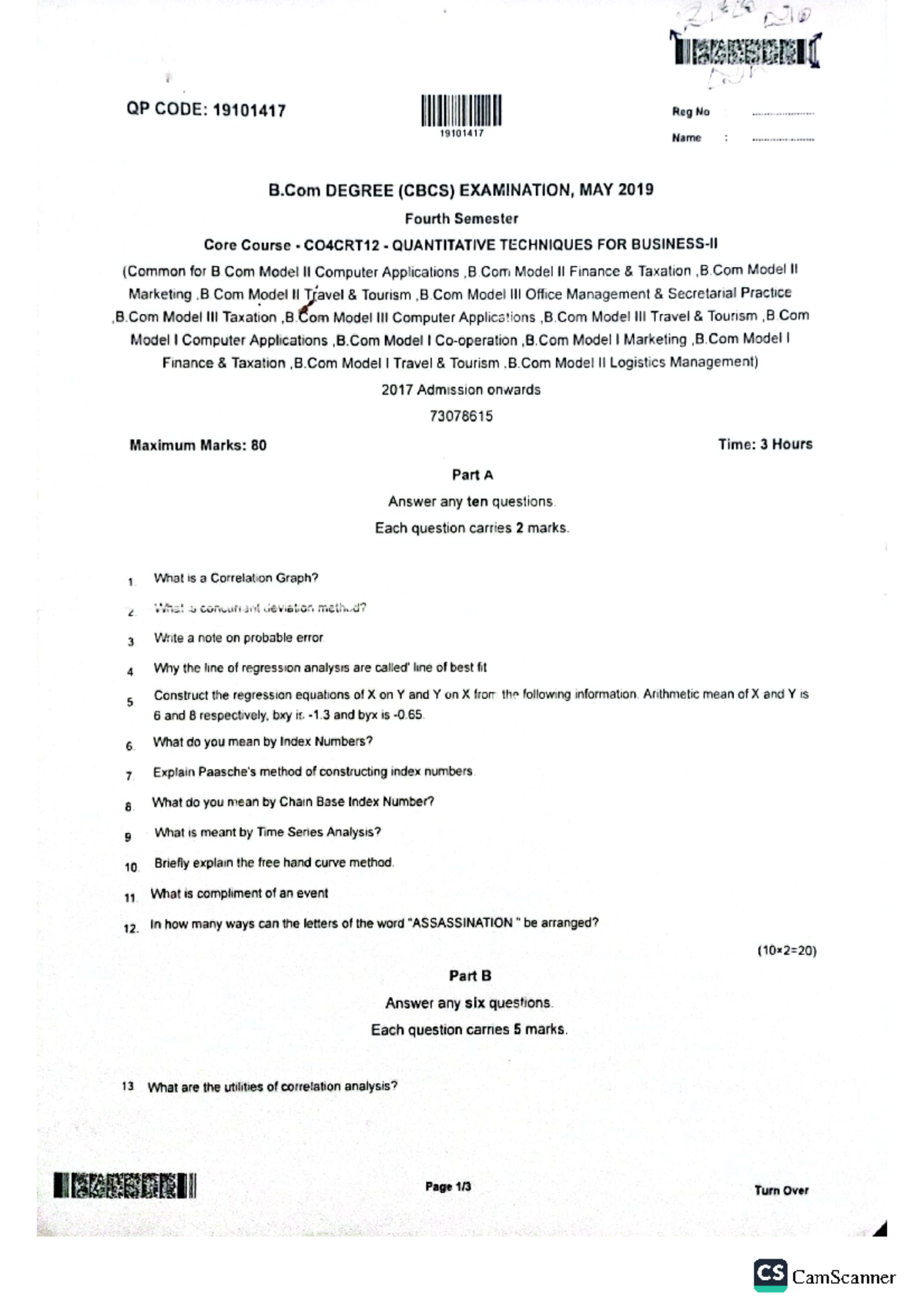 Quantitative Techniques 2 - QP CODE: 19101417 Reg No 19101417 Name : B DEGREE (CBCS) EXAMINATION ...