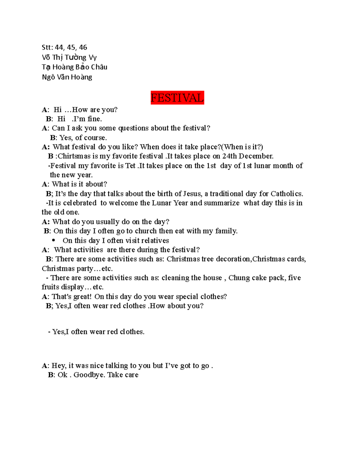 Festival - listen - Stt: 44, 45, 46 Võ Th Tị ường Vy T ạ Hoàng B ảo ...