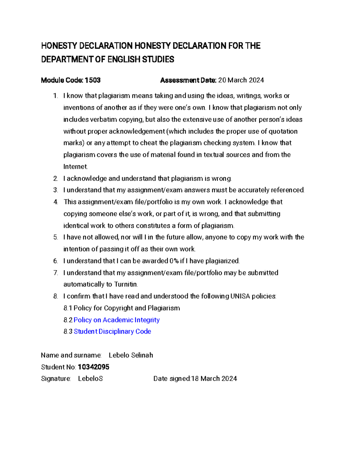 Declarationform ENG - Form - HONESTY DECLARATION HONESTY DECLARATION ...
