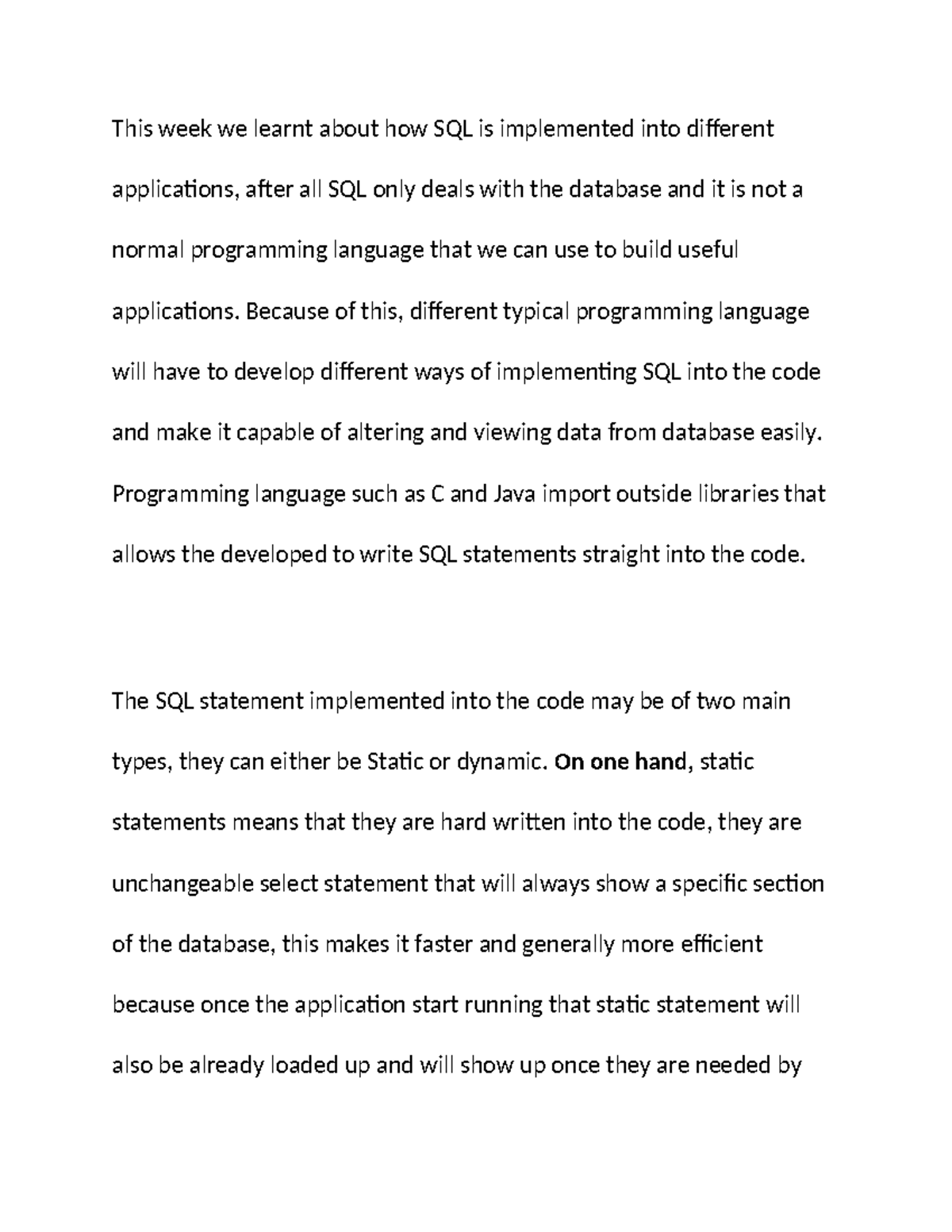 The unit 1 From the first unit - This week we learnt about how SQL is ...