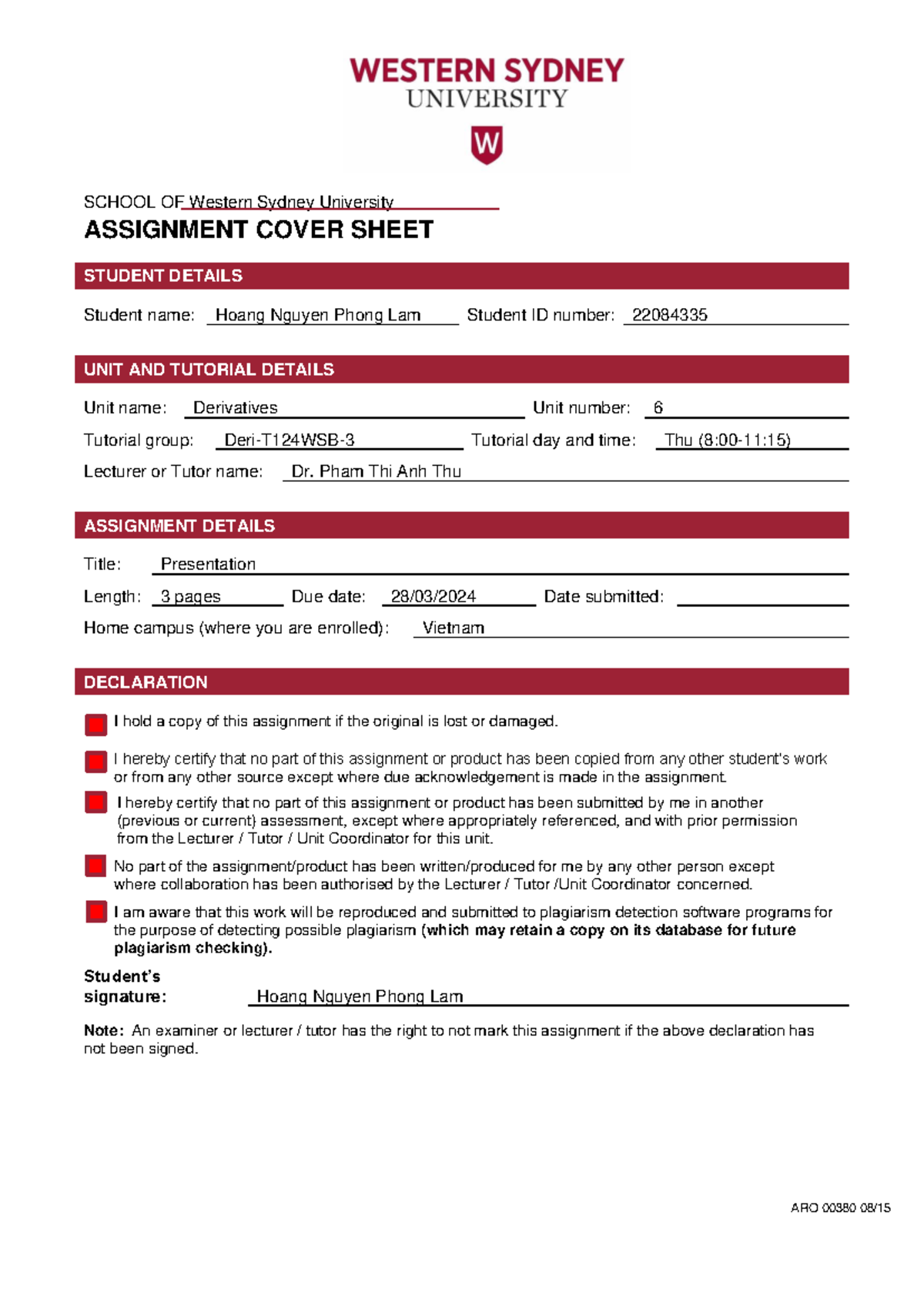Week11port - SCHOOL OF Western Sydney University ASSIGNMENT COVER SHEET ...