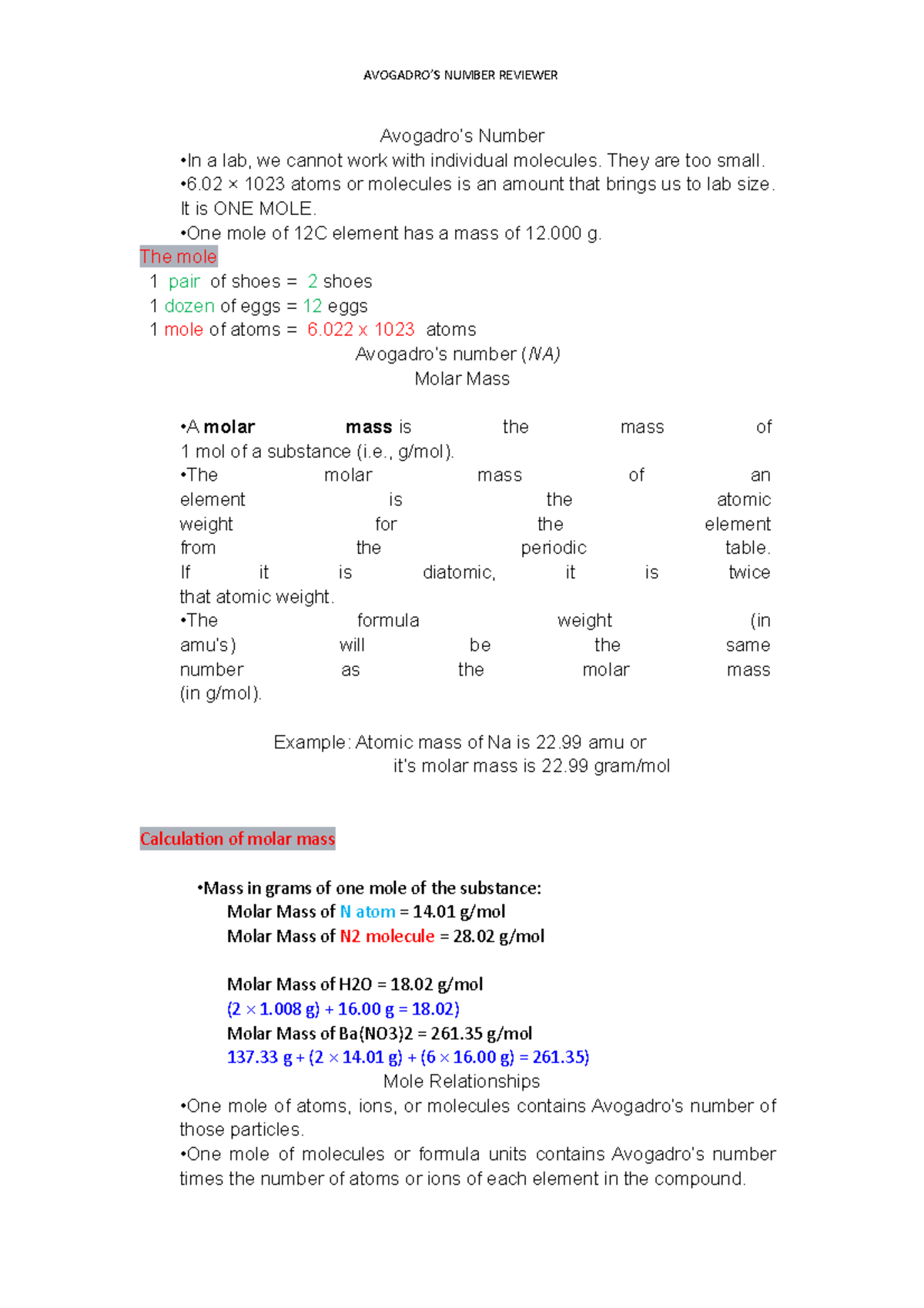 Avogadros-Number-Reviewer - AVOGADRO’S NUMBER REVIEWER Avogadro’s ...