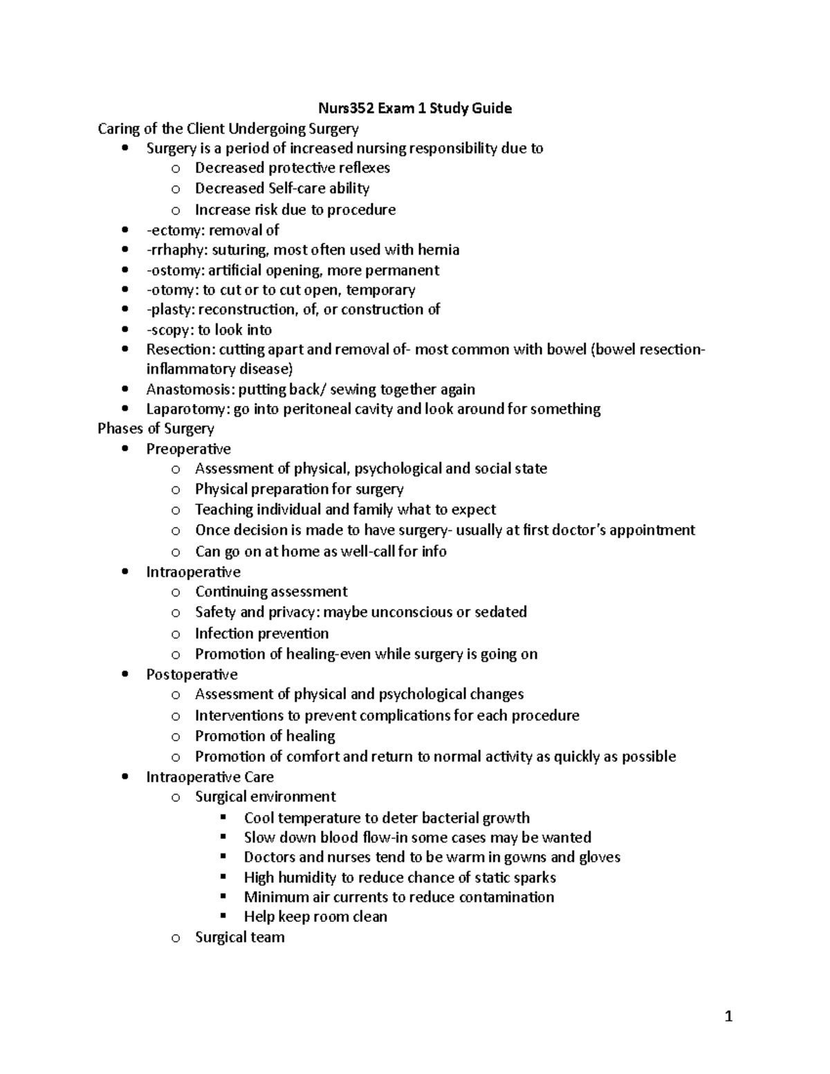 Nurs352 Exam 1 Study Guide - Nurs352 Exam 1 Study Guide Caring of the Client Undergoing Surgery ...