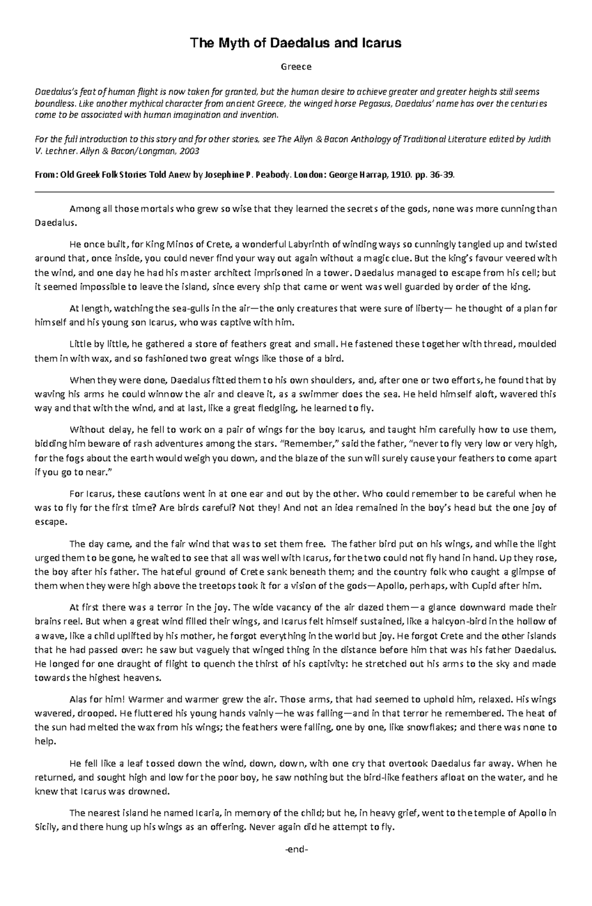 The Myth of Daedalus Icarus - The Myth of Daedalus and Icarus Greece ...