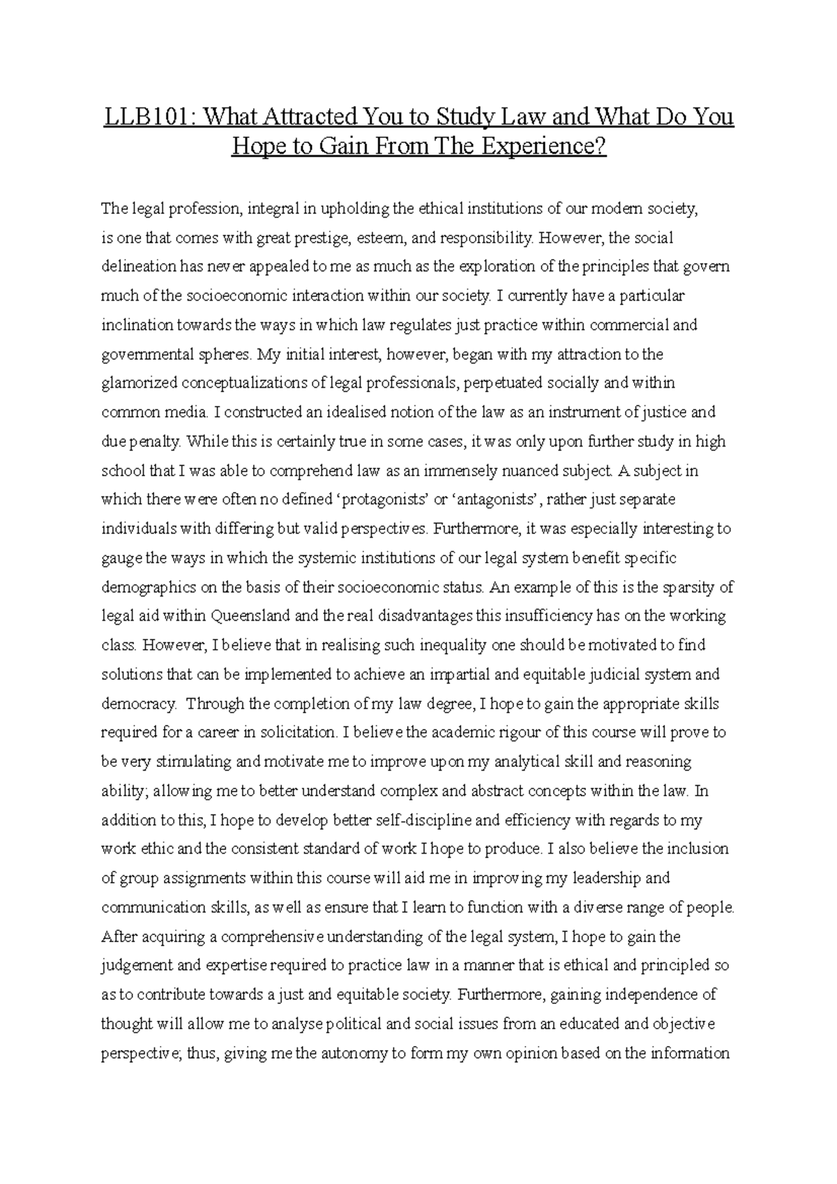 Writing task - Intro to Law First Assignment - LLB101: What Attracted ...