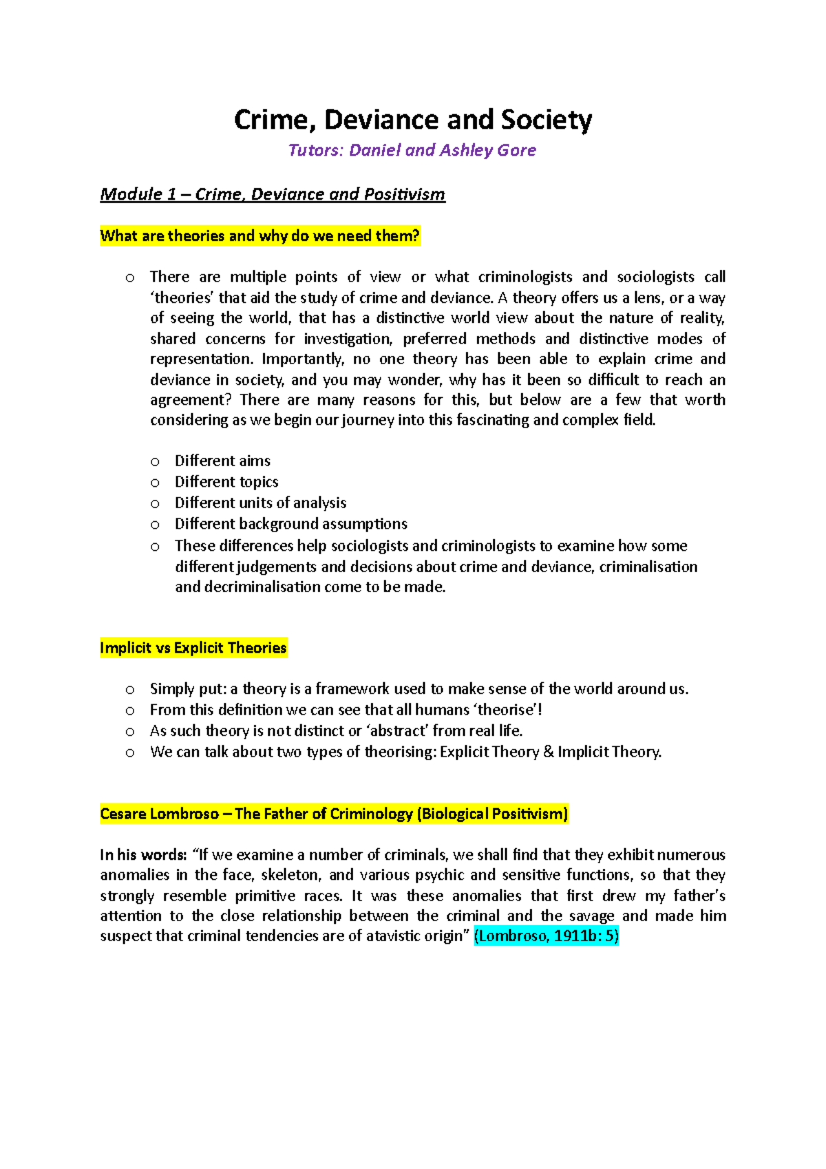 Lecture Notes - Crime, Deviance and Society Tutors: Daniel and Ashley ...