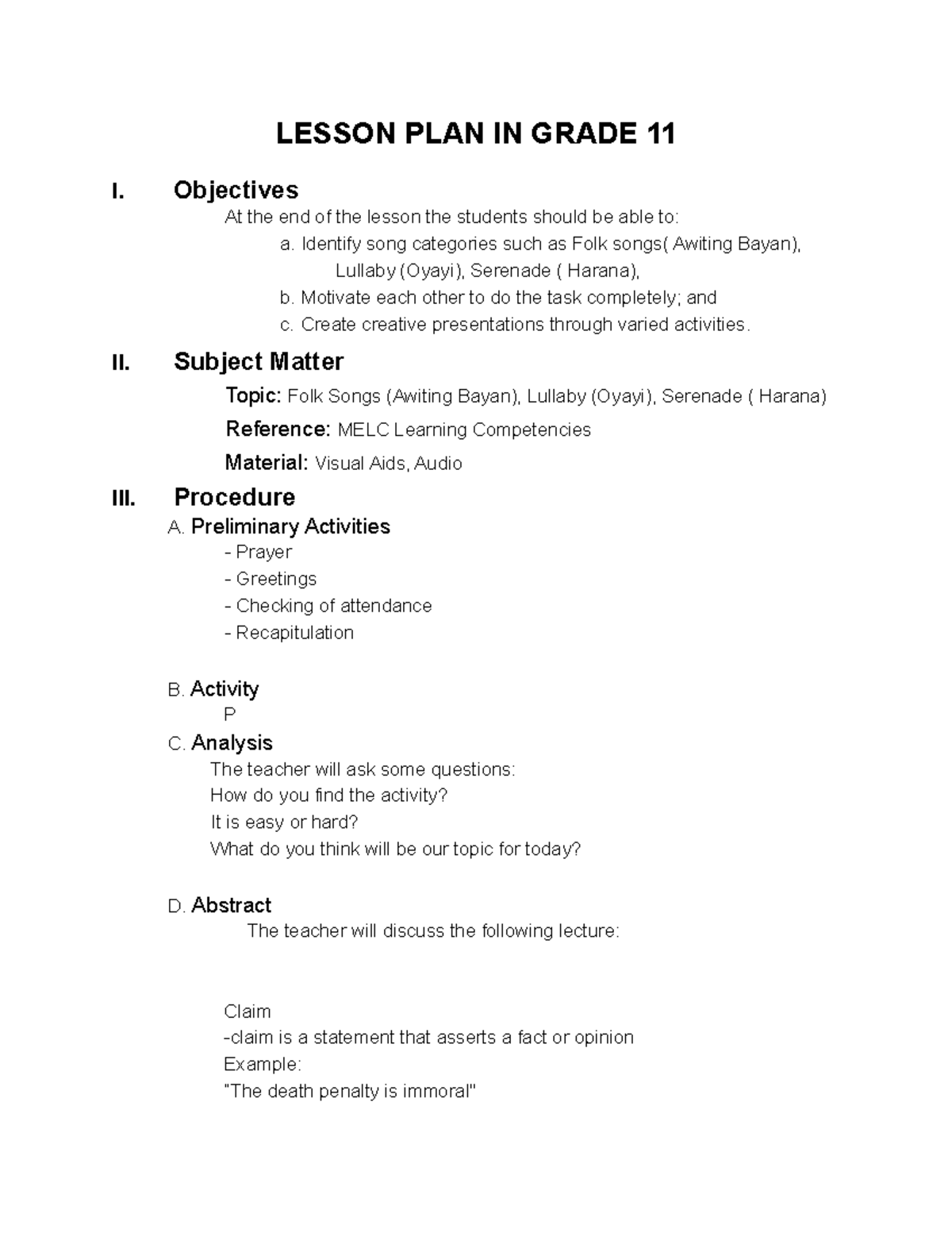 Lesson Plan Field Study - LESSON PLAN IN GRADE 11 I. Objectives At the ...
