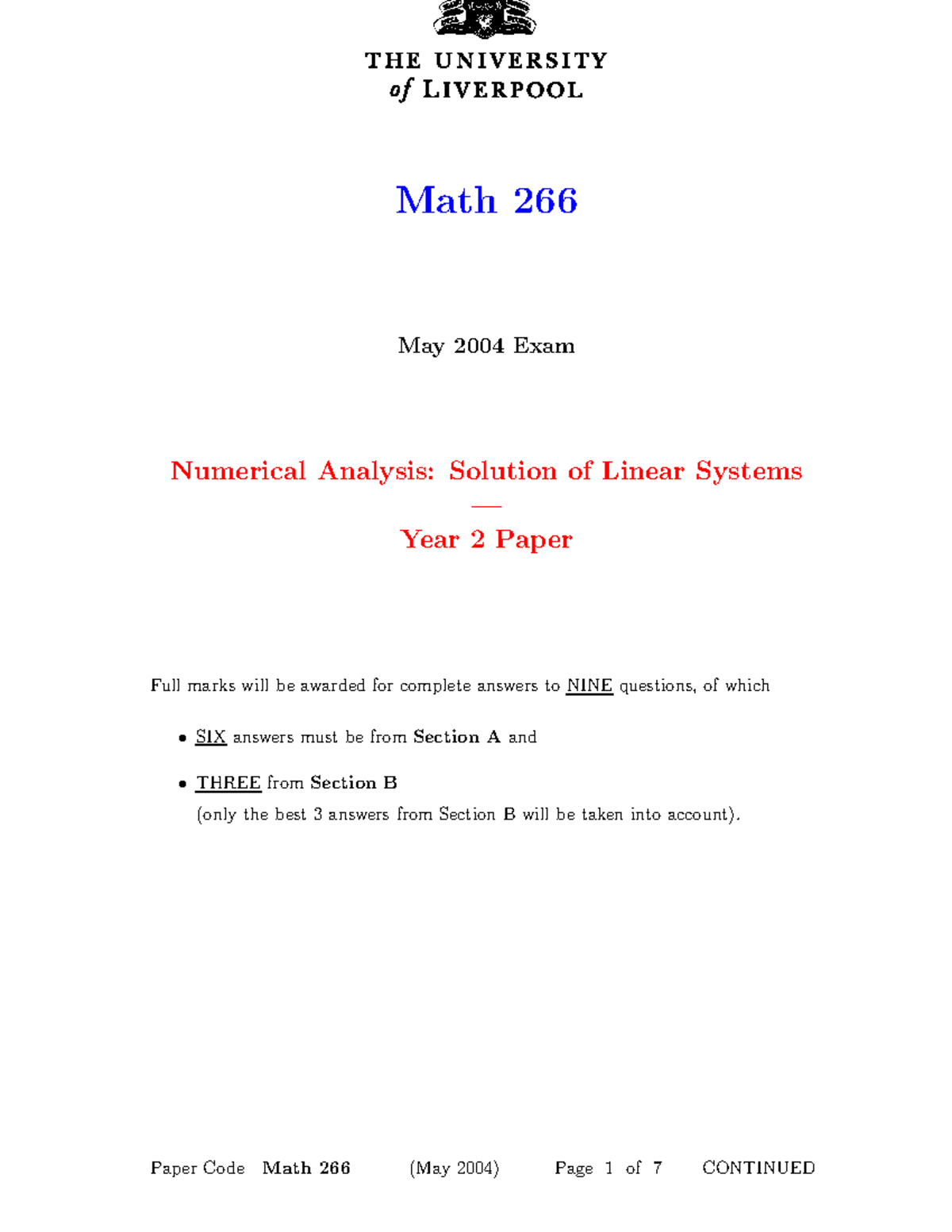 Exam May 2004, questions - Math 266 May 2004 Exam Numerical Analysis ...