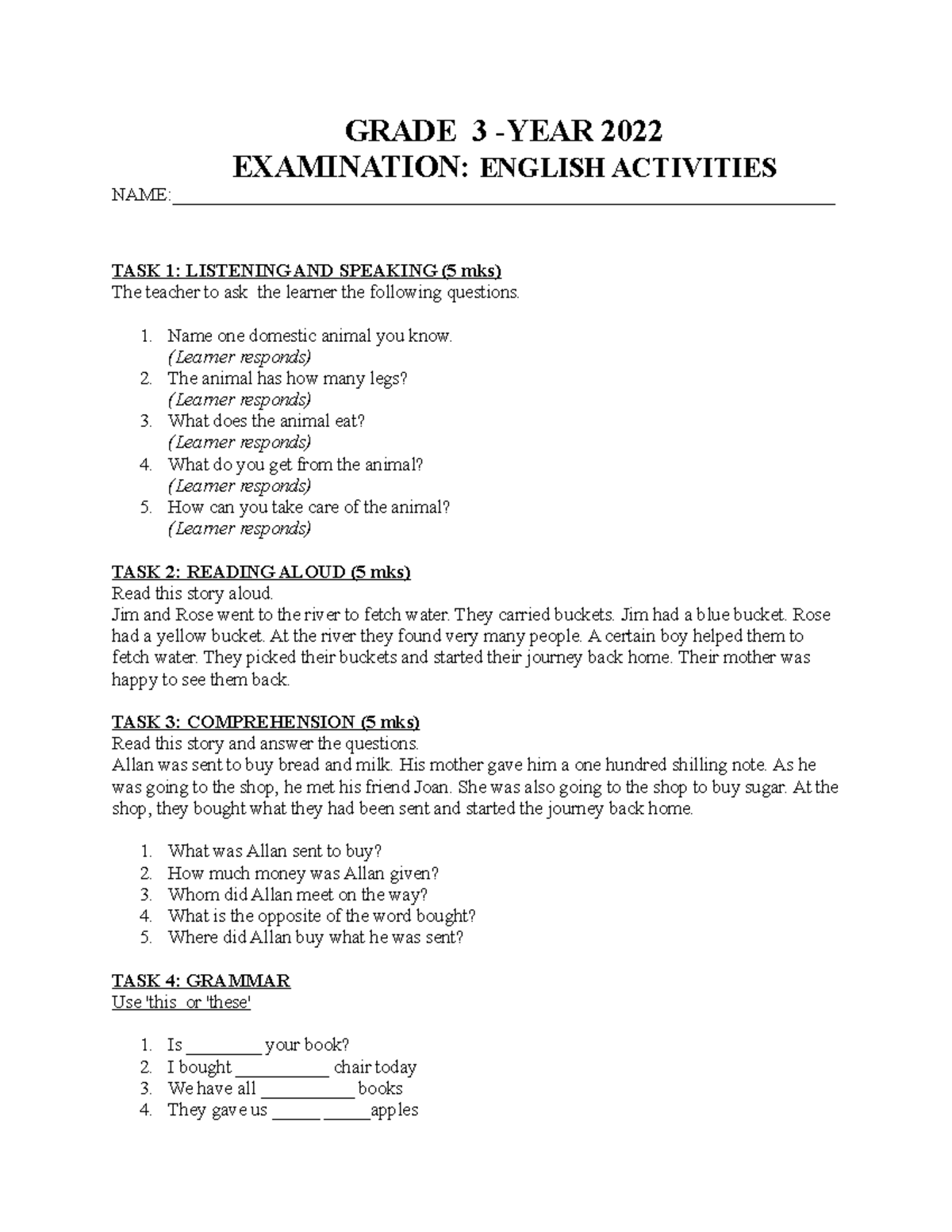 Grade 3eng act - nice - GRADE 3 -YEAR 2022 EXAMINATION: ENGLISH ...