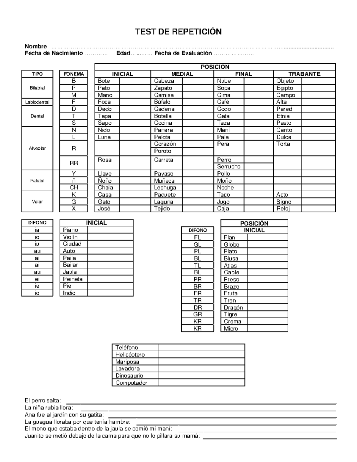 TAR - TEST DE ARTICULACION - TEST DE REPETICIÓN Nombre - Studocu