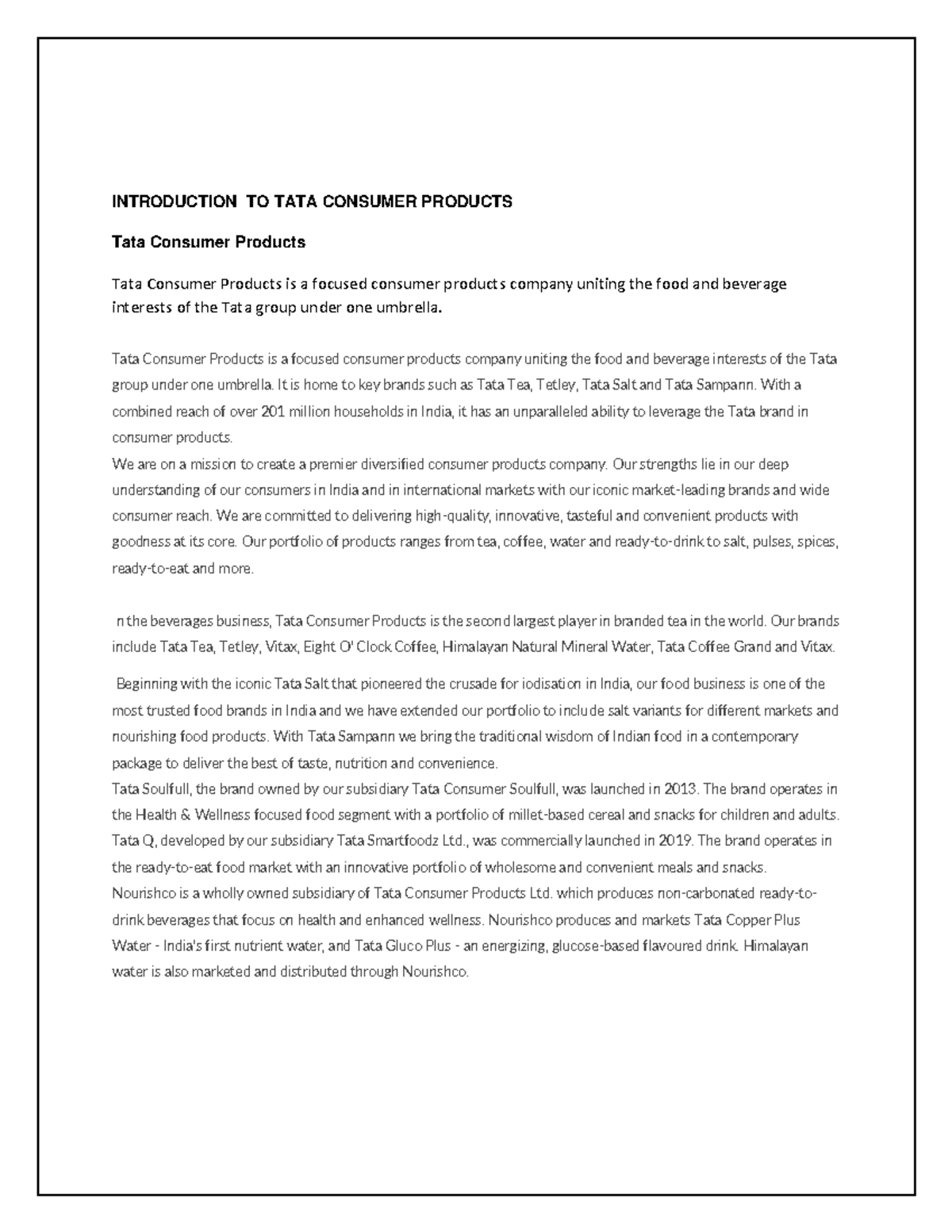 Mkt 101 ca - Marketing strategies - INTRODUCTION TO TATA CONSUMER ...