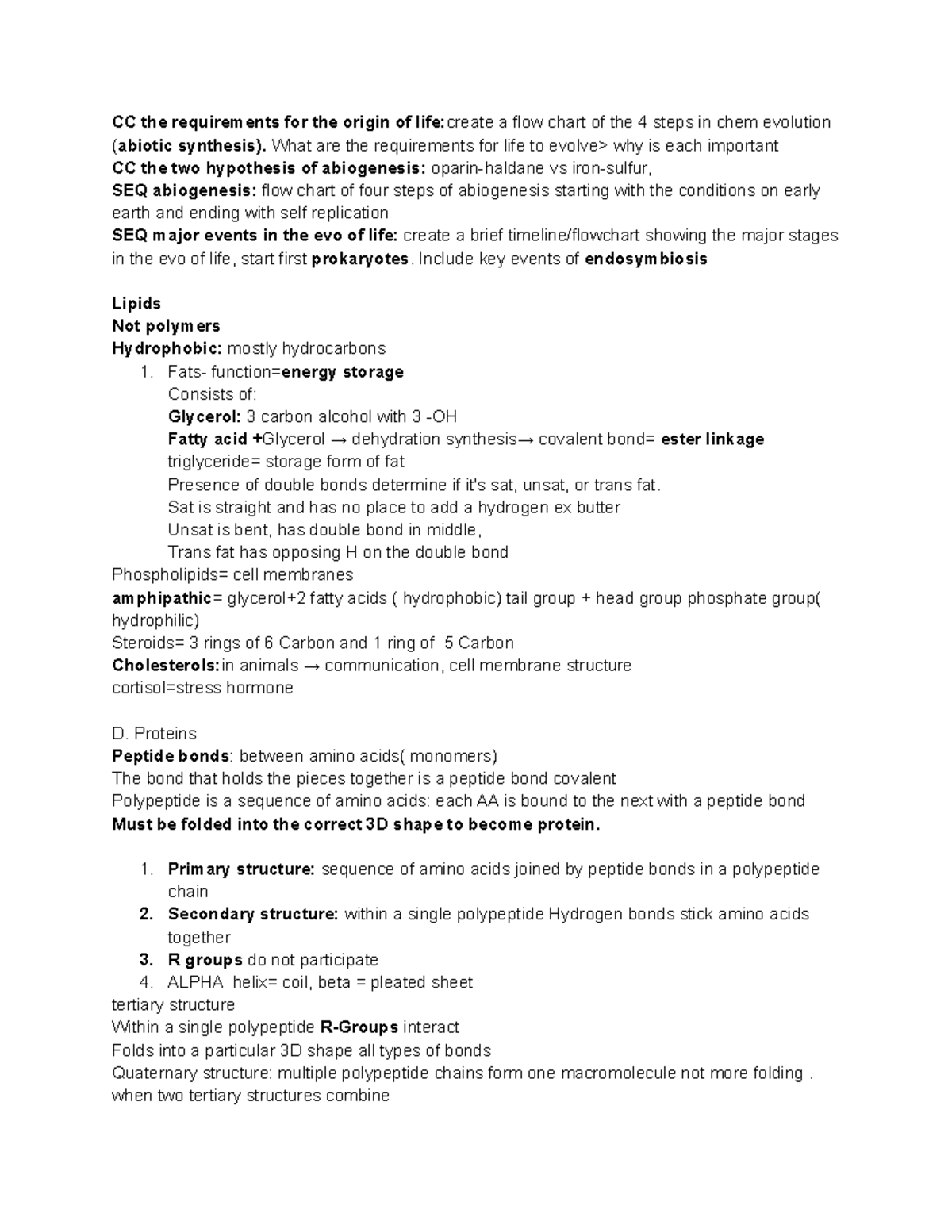 Class 4 - CC the requirements for the origin of life: create a flow ...