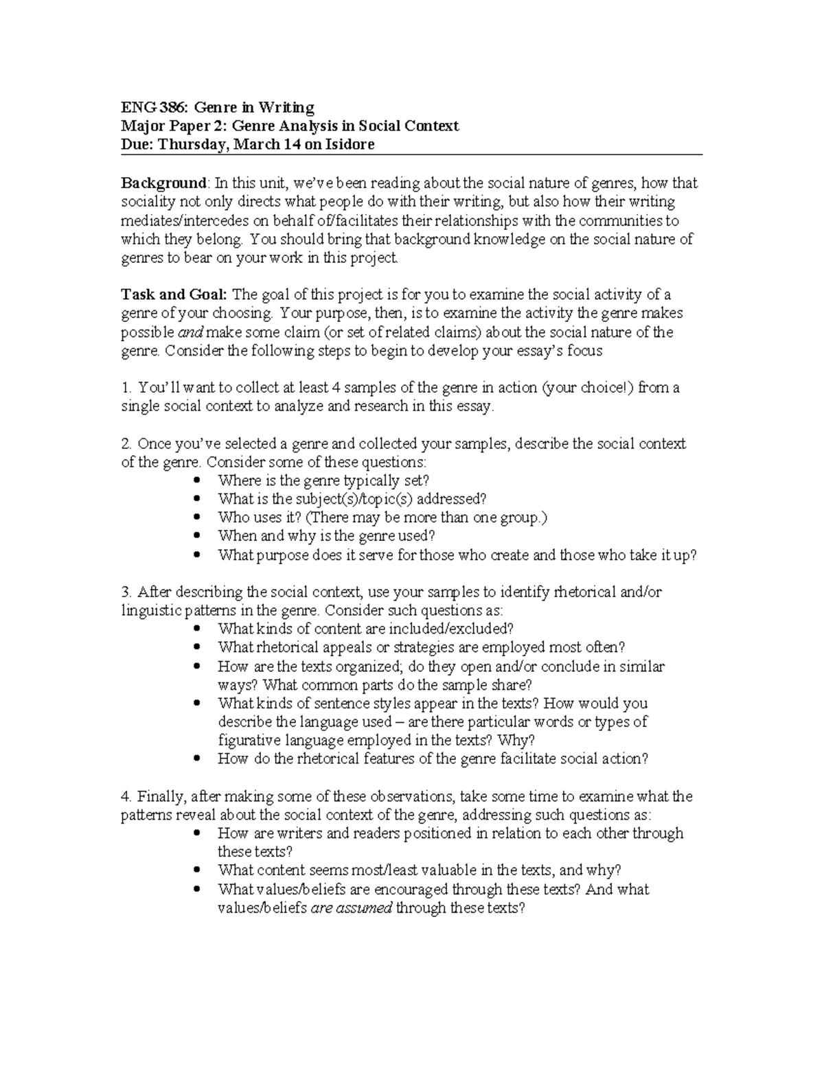 Major Paper 2 Genre Analysis Paper - ENG 386: Genre in Writing Major ...