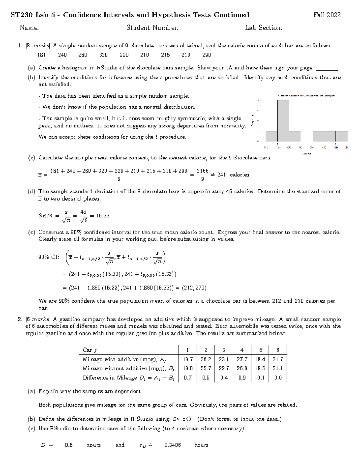 230Lab5 soln - lab 5 questions and solutions - ST230 Lab 5 - Confidence Intervals and Hypothesis ...