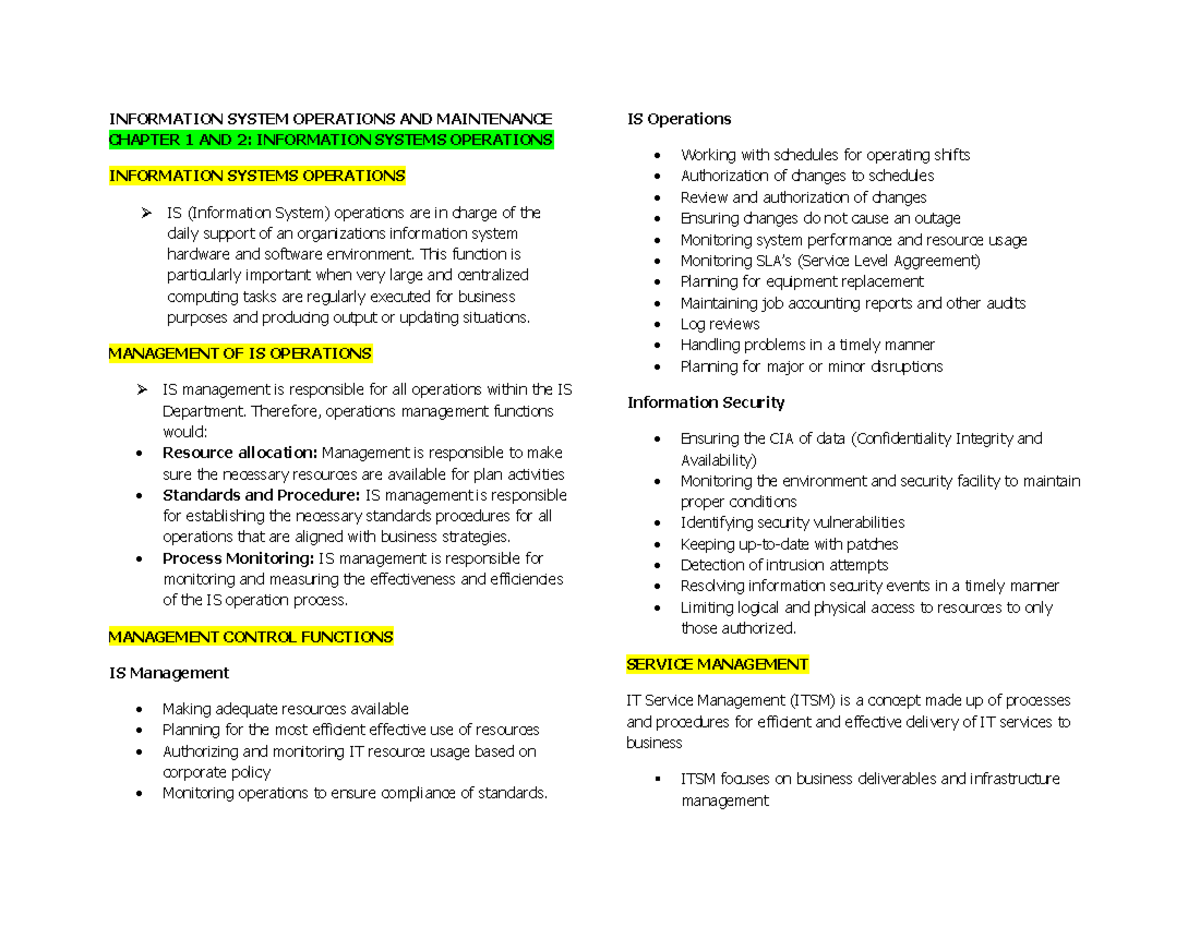 Information System Operations AND Maintenance Chapter 1-4 - INFORMATION ...