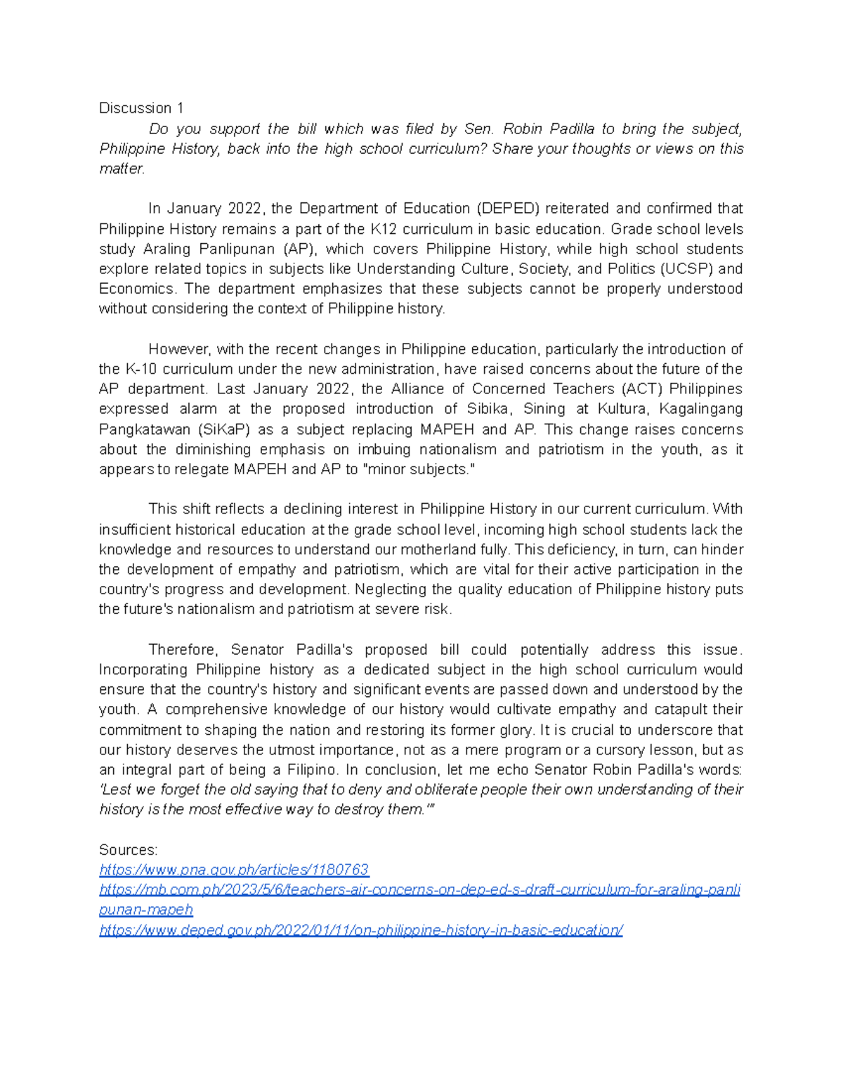 DEPED Robin Padilla - Discussion 1 Do you support the bill which was ...