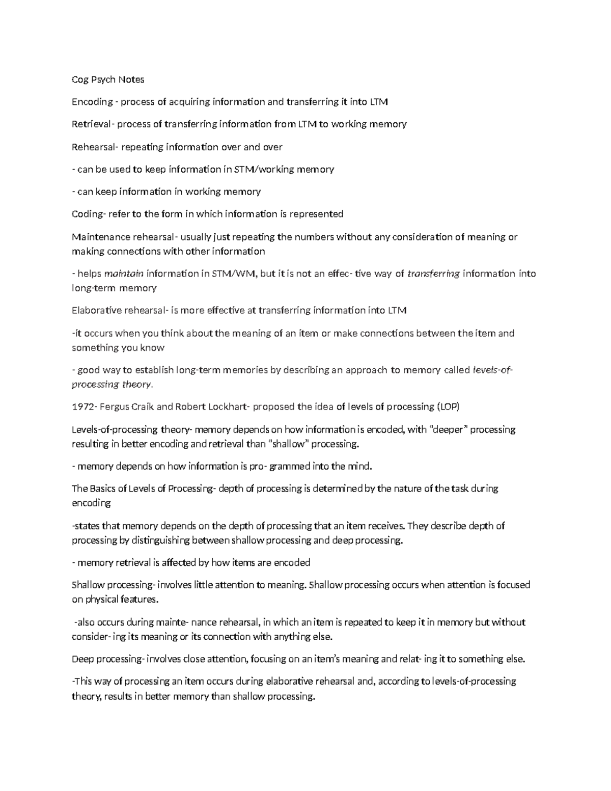 Cog Psych Notes - Cog Psych Notes Encoding - process of acquiring ...