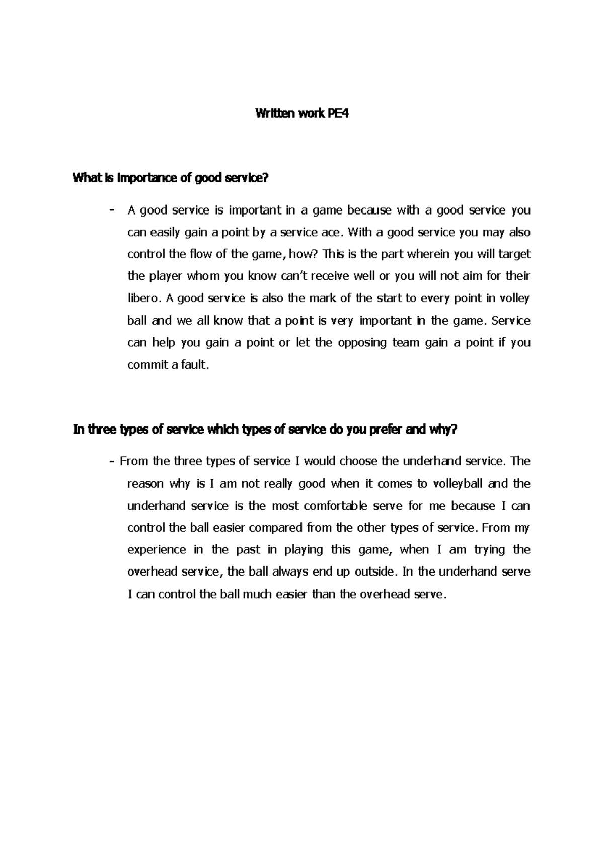 PE 4 Good Service Typesofservice - Written work PE 4 What is importance ...