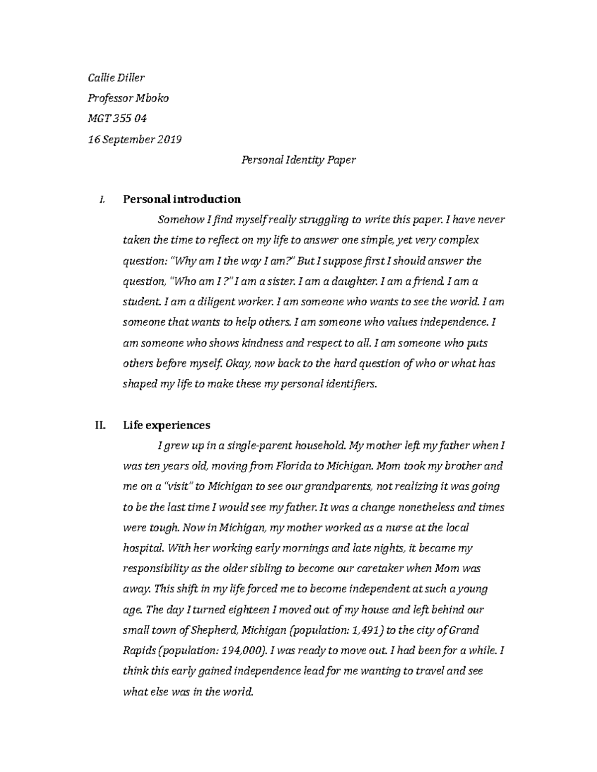 MGT 355 - Personal Identity Paper - Callie Diller Professor Mboko MGT ...