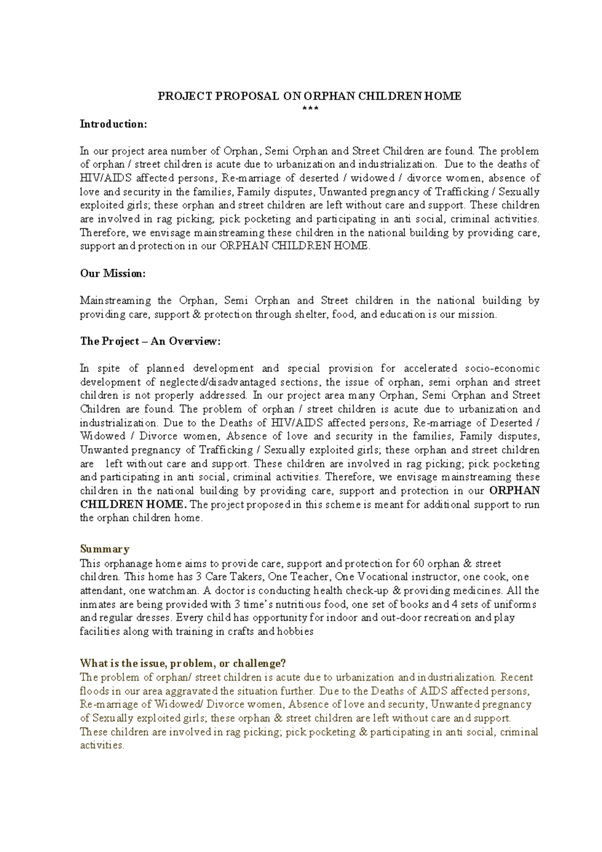 Projdoc - Proposal for children home - PROJECT PROPOSAL ON ORPHAN ...