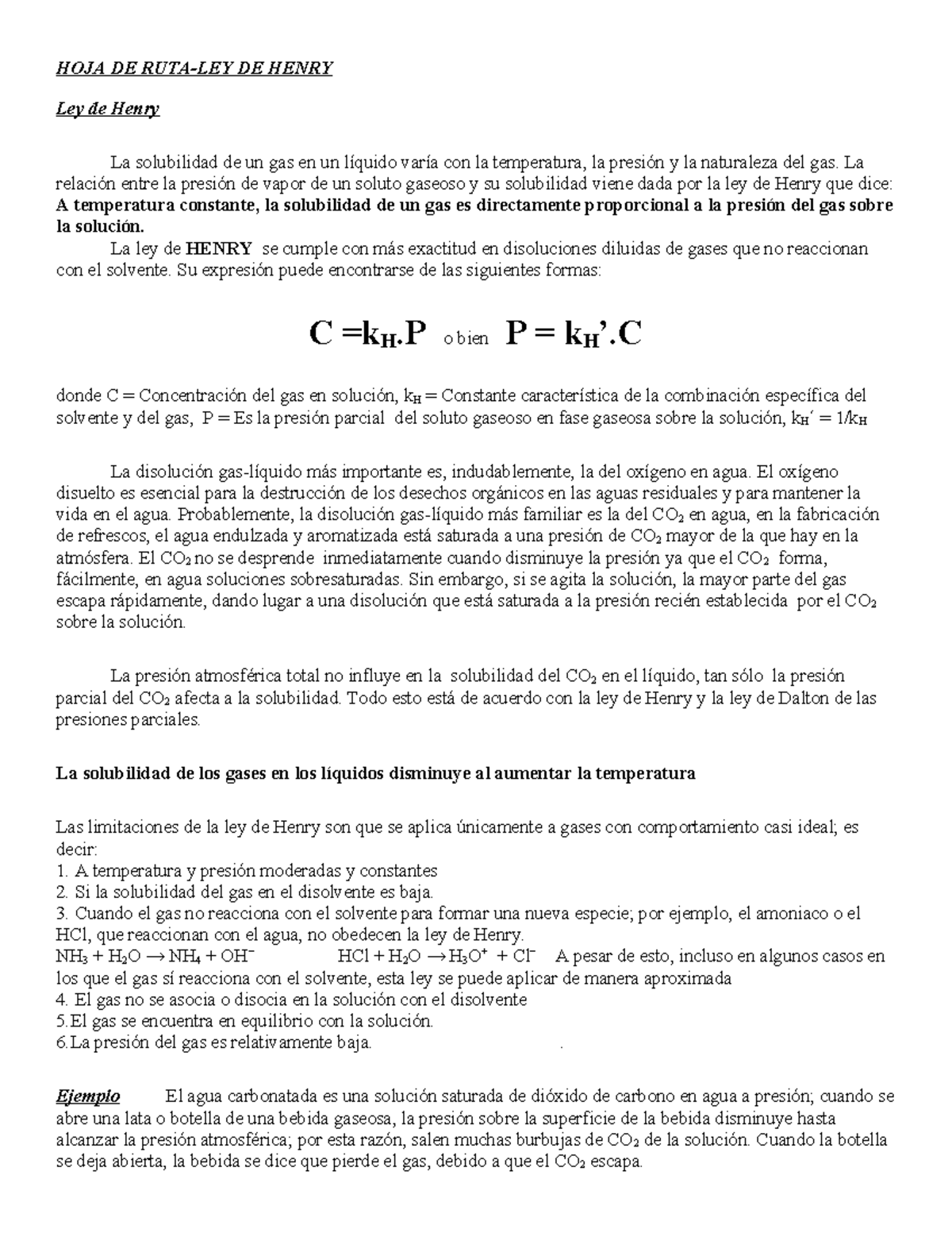 HOJA DE RUTA- LEY DE Henry - HOJA DE RUTA-LEY DE HENRY Ley de Henry La ...