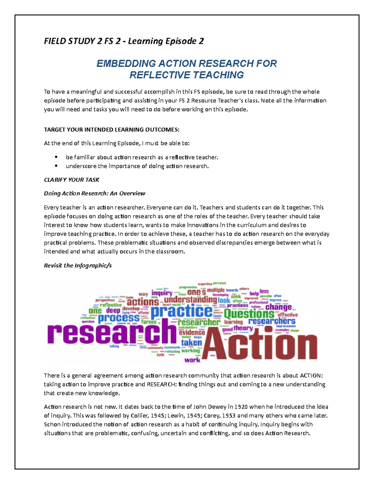 FS 2 Episode 2 - Embedding Action Research for Reflective Teaching - FIELD STUDY 2 FS 2 ...