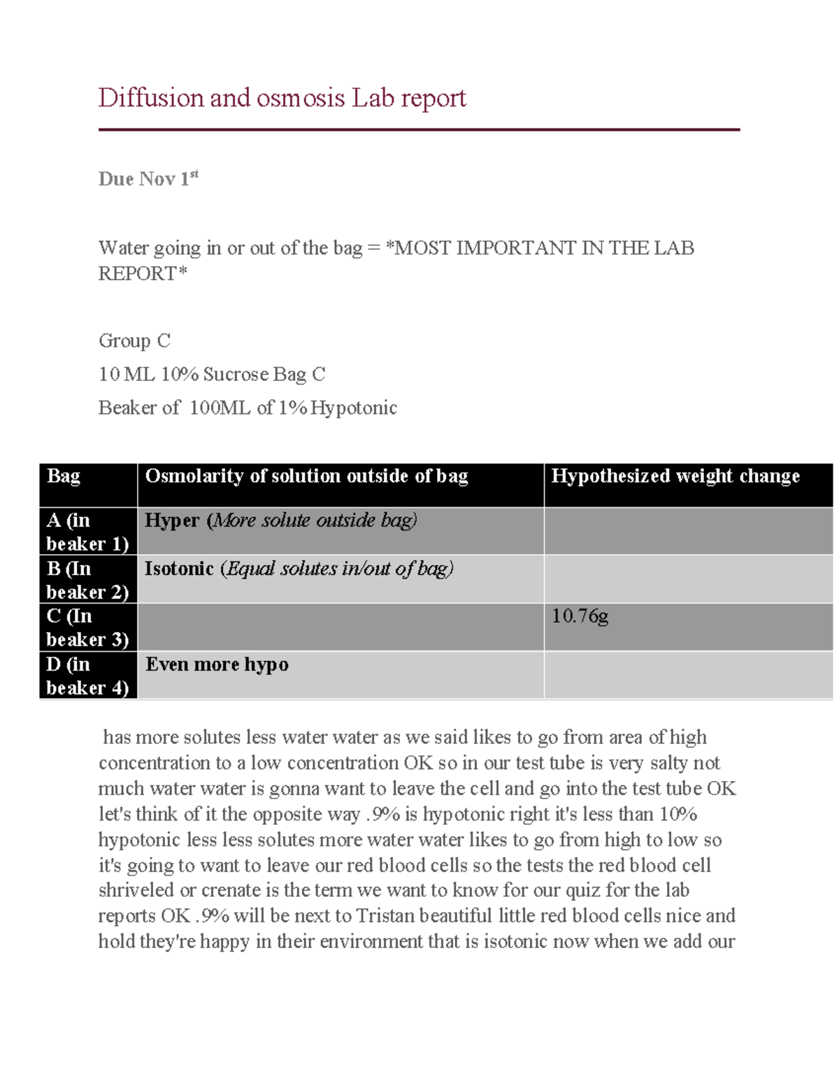 Diffusion and osmosis Lab report - 9% is hypotonic right it's less than 10% hypotonic less less ...