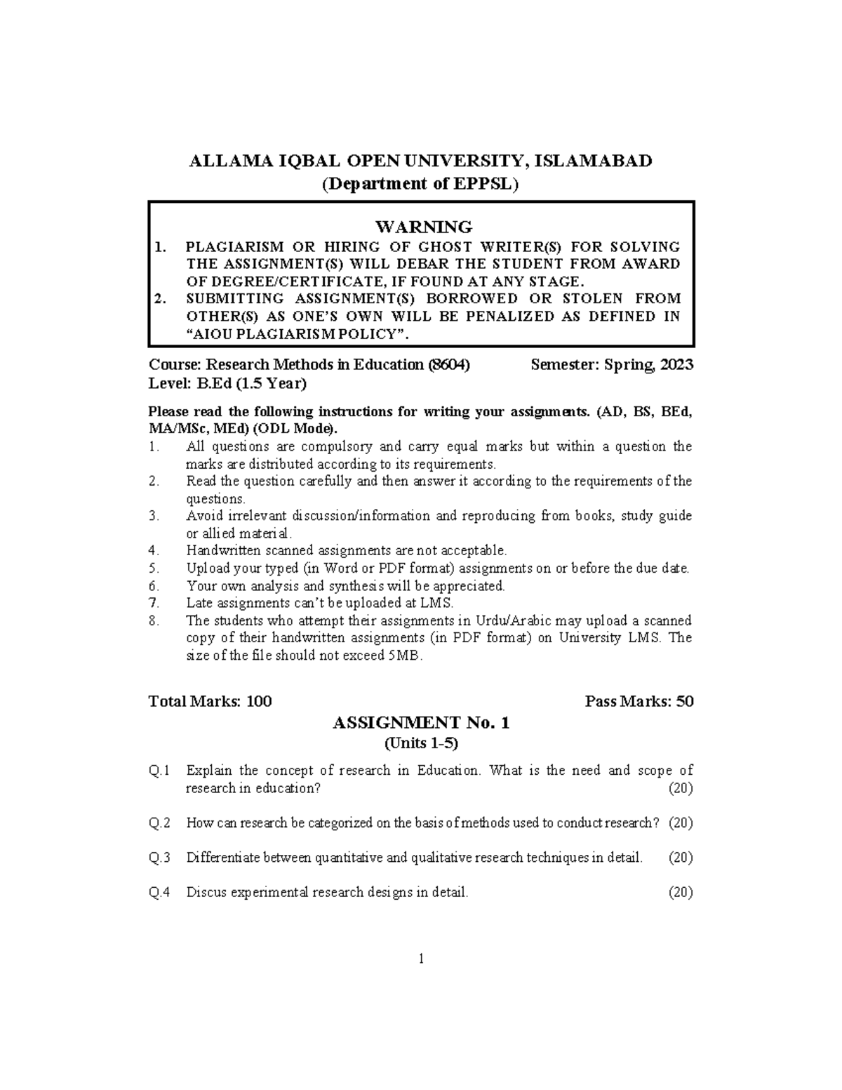 8604 - Assignment home work - ALLAMA IQBAL OPEN UNIVERSITY, ISLAMABAD (Department of EPPSL ...