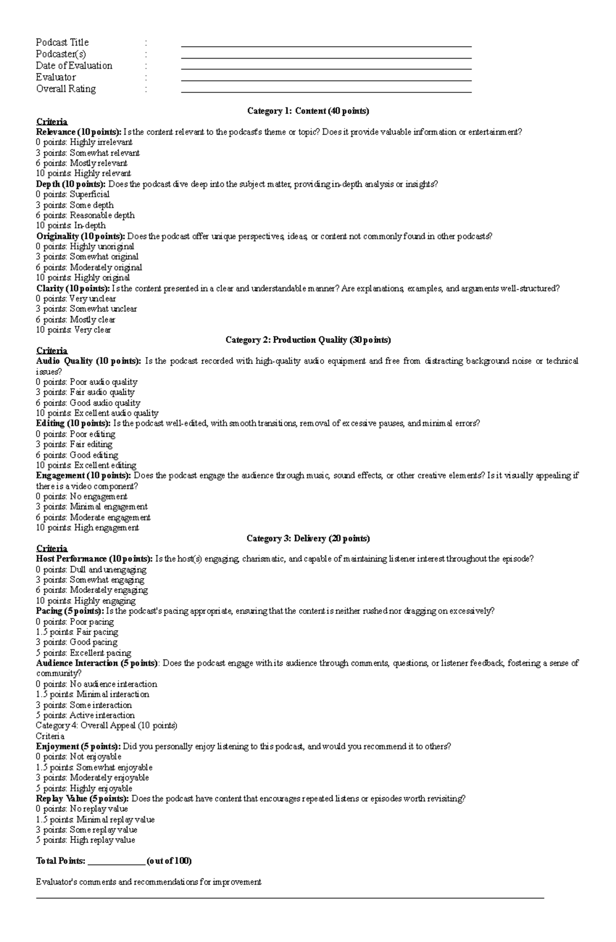 Rubric for Podcast - Podcast Title : Podcaster(s) : Date of Evaluation ...