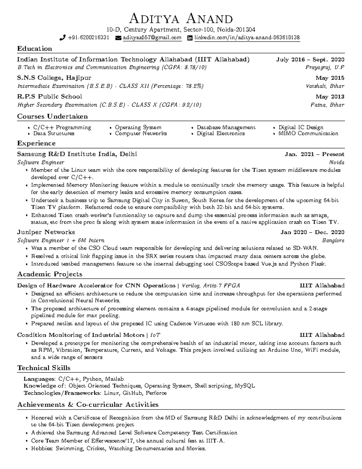 Aditya Anand resume s - NA djlkdls - Aditya Anand 10-D, Century Apartment, Sector-100, Noida ...