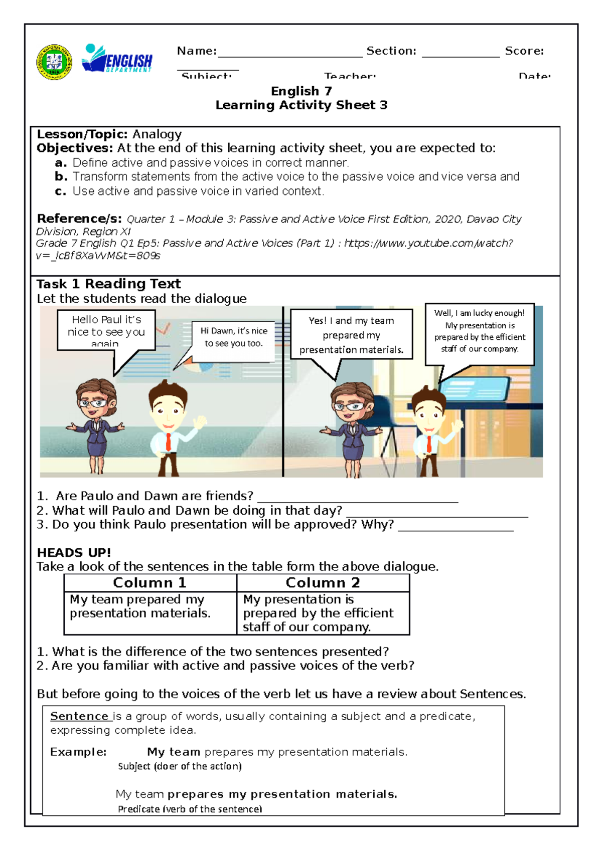 Q1 MELC3 Activepassive ESIS-3 - English 7 Learning Activity Sheet 3 ...