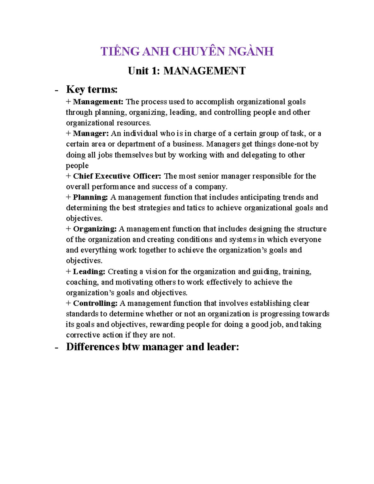 TIẾNG ANH Chuyên Ngành - happy to share - TIẾNG ANH CHUYÊN NGÀNH Unit 1: MANAGEMENT Key terms ...