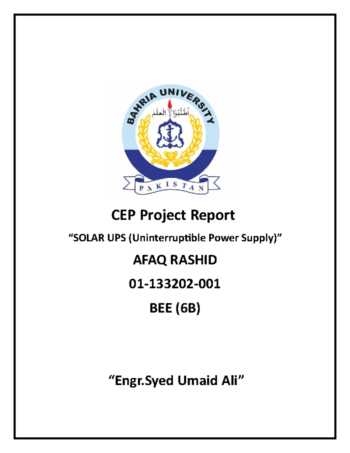 AFAQ PE Report - CEP Project Report “SOLAR UPS (Uninterruptible Power ...
