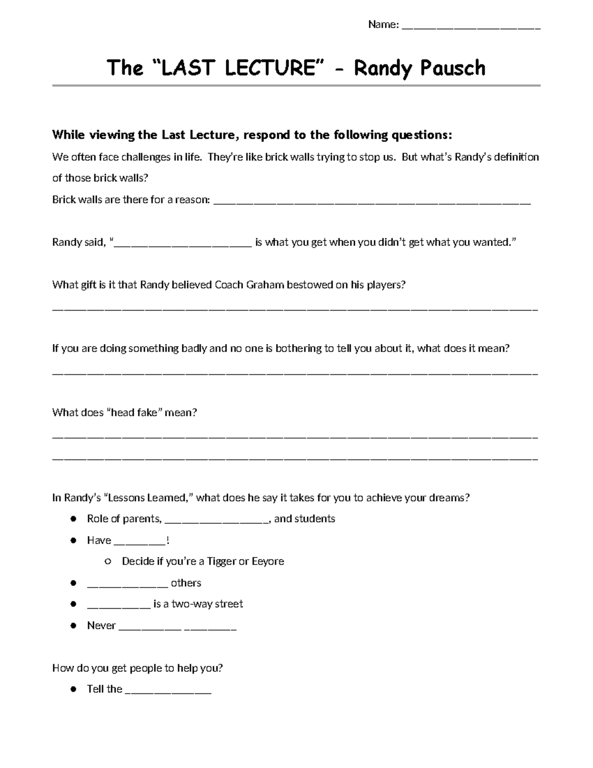 The “last lecture” video worksheet - The “LAST LECTURE” - Randy Pausch ...