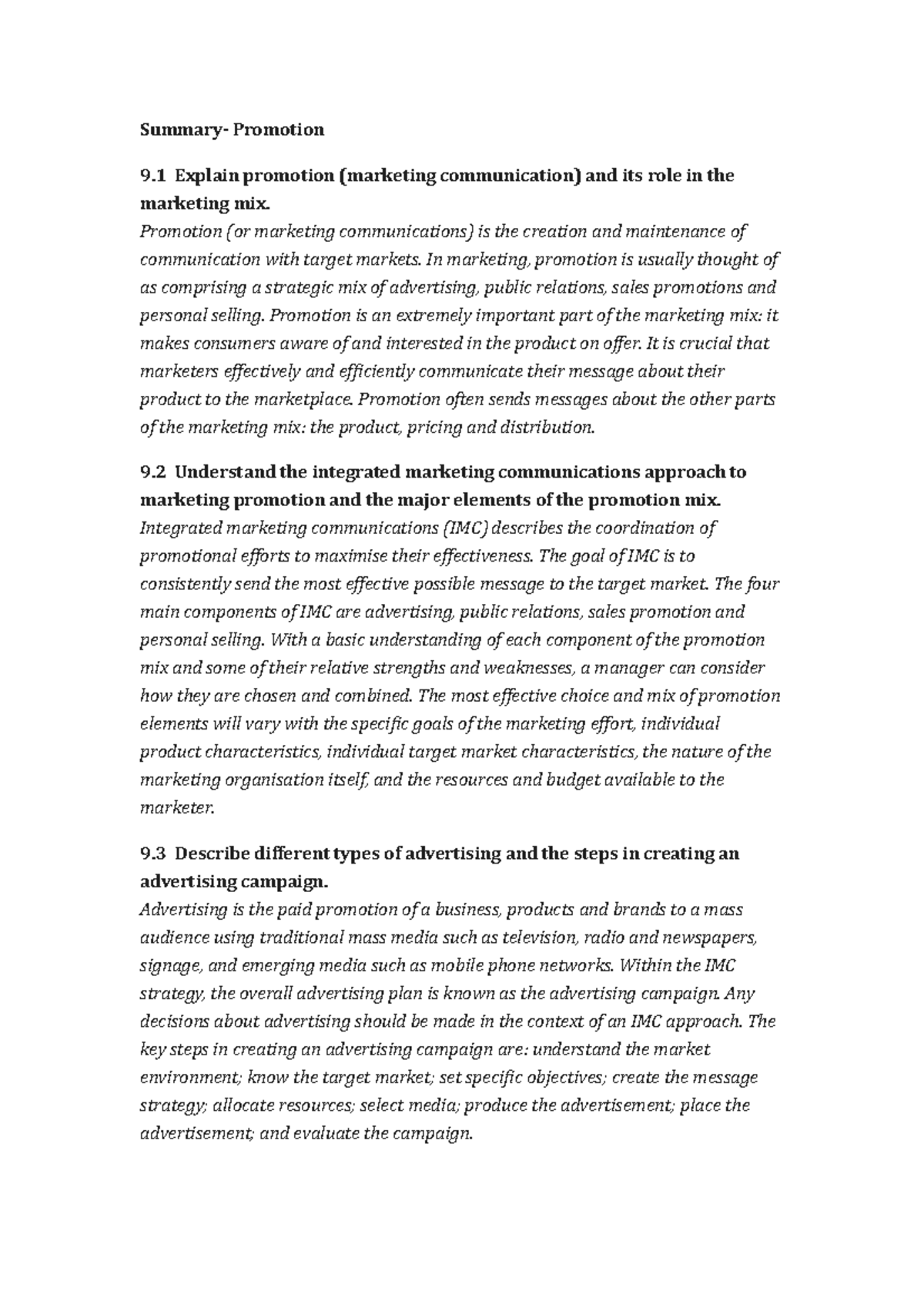 Summary- Promotion - Promotion (or marketing communications) is the ...