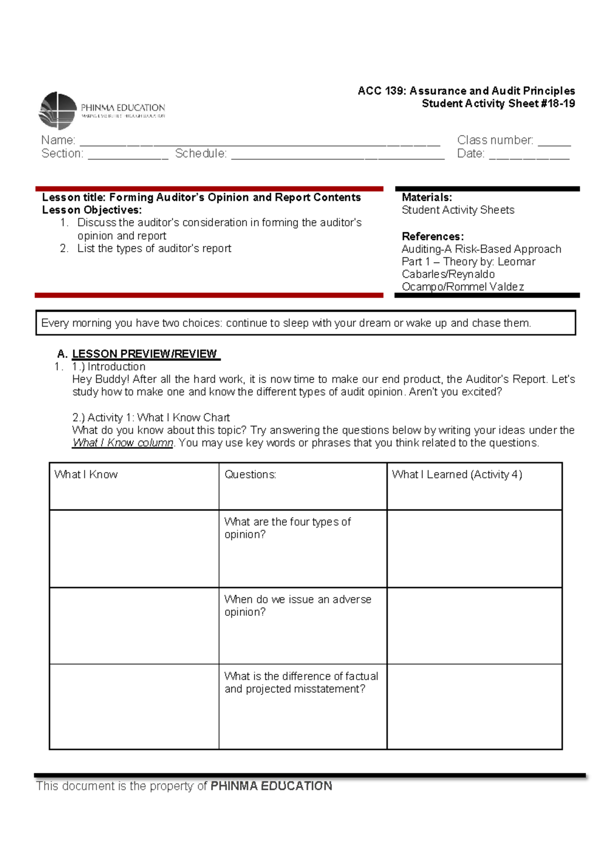 ACC-139 SAS Day 18-19 - lecture notes on Audit - Student Activity Sheet ...