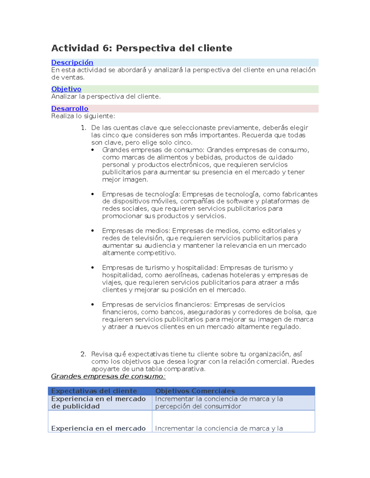 Actividad 6 r - Actividad 6: Perspectiva del cliente Descripción En ...