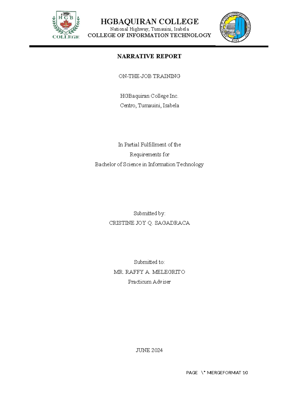 Narrative- Report- Format - National Highway, Tumauini, Isabela COLLEGE ...