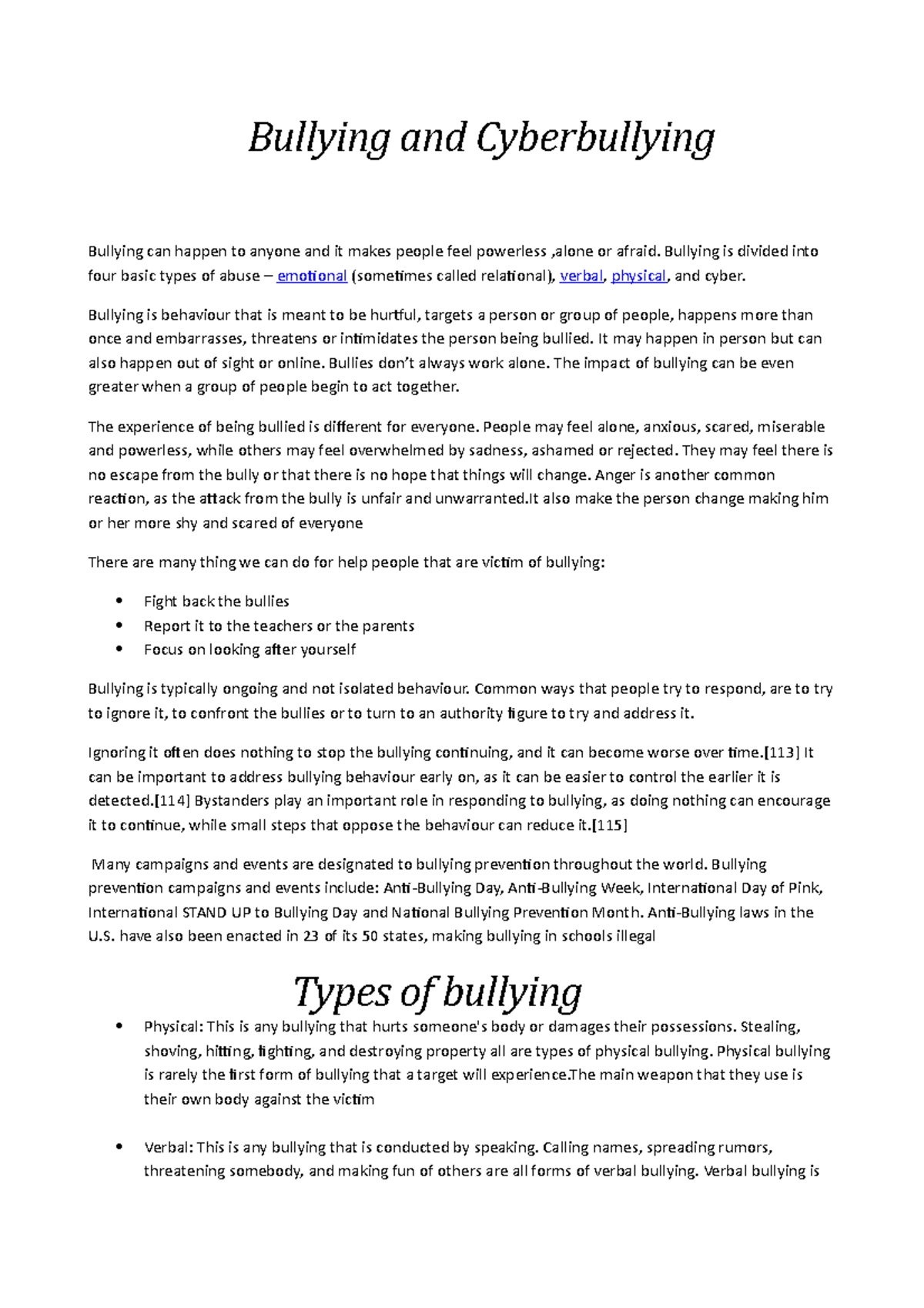 Bully and cyberbullying - Bullying and Cyberbullying Bullying can ...