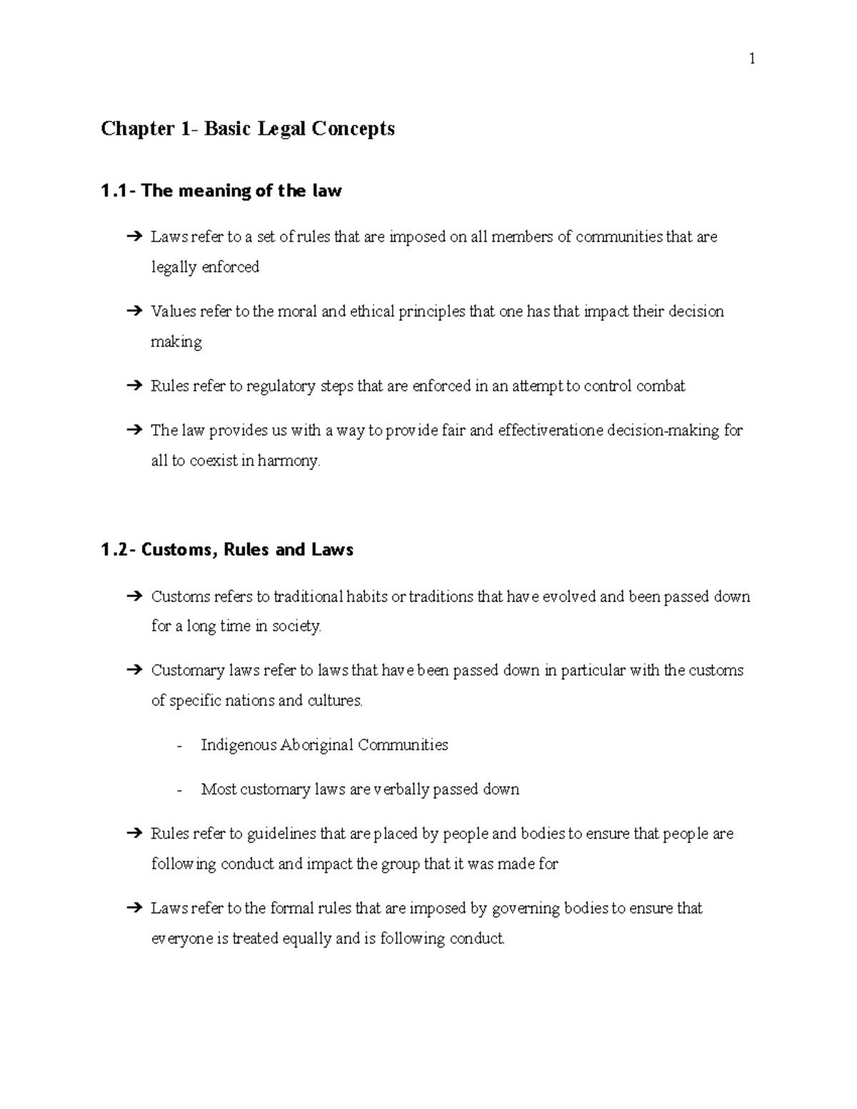 Legal Studies Notes - Chapter 1- Basic Legal Concepts 1- The meaning of ...