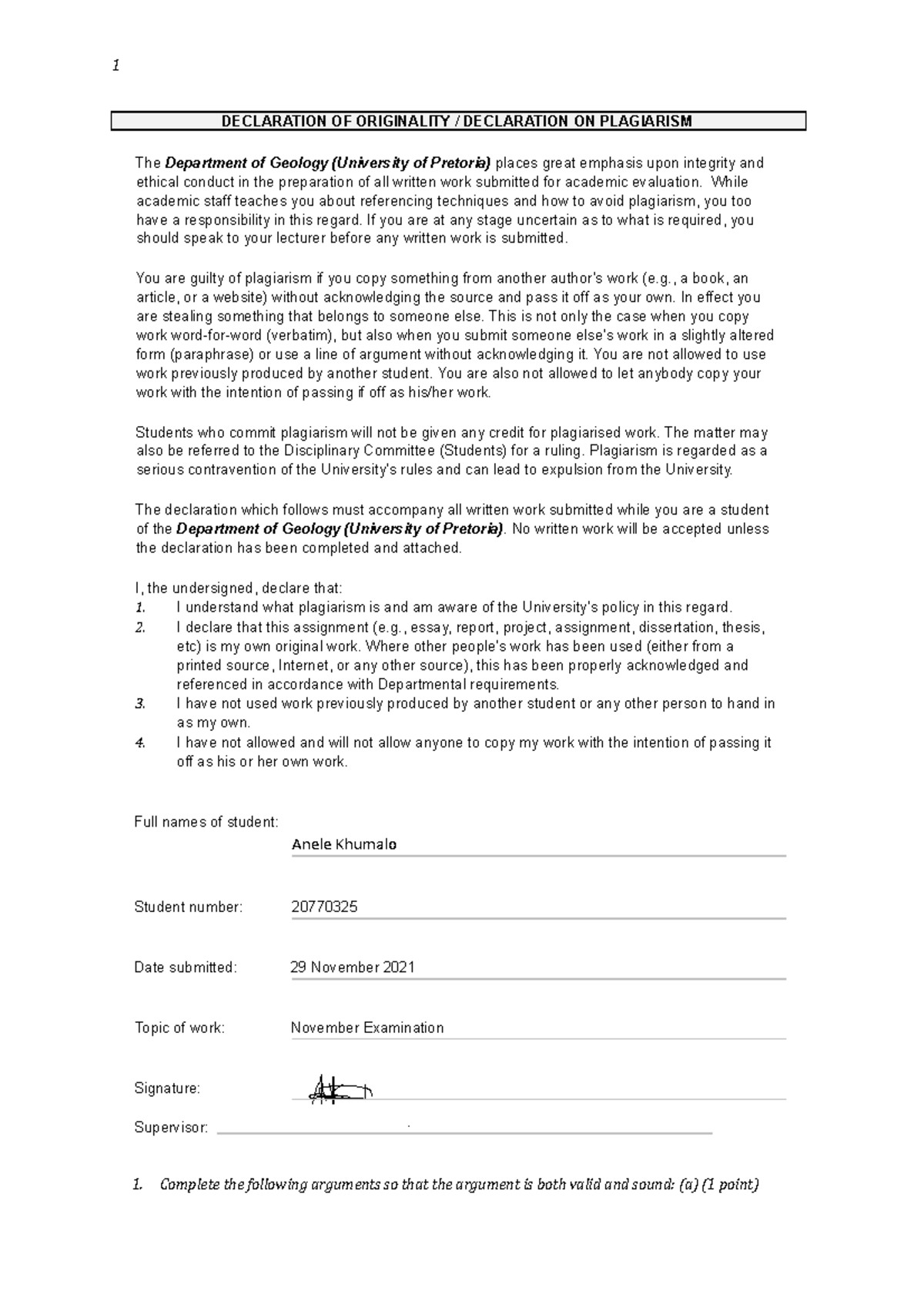 November Examination - DECLARATION OF ORIGINALITY / DECLARATION ON ...