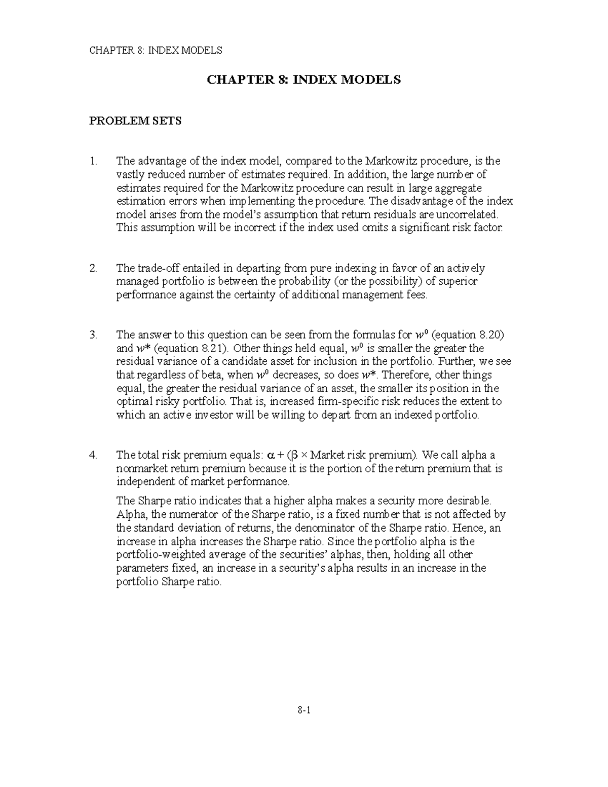 BKM11e Chap 008SMFinal - CHAPTER 8: INDEX MODELS PROBLEM SETS The ...