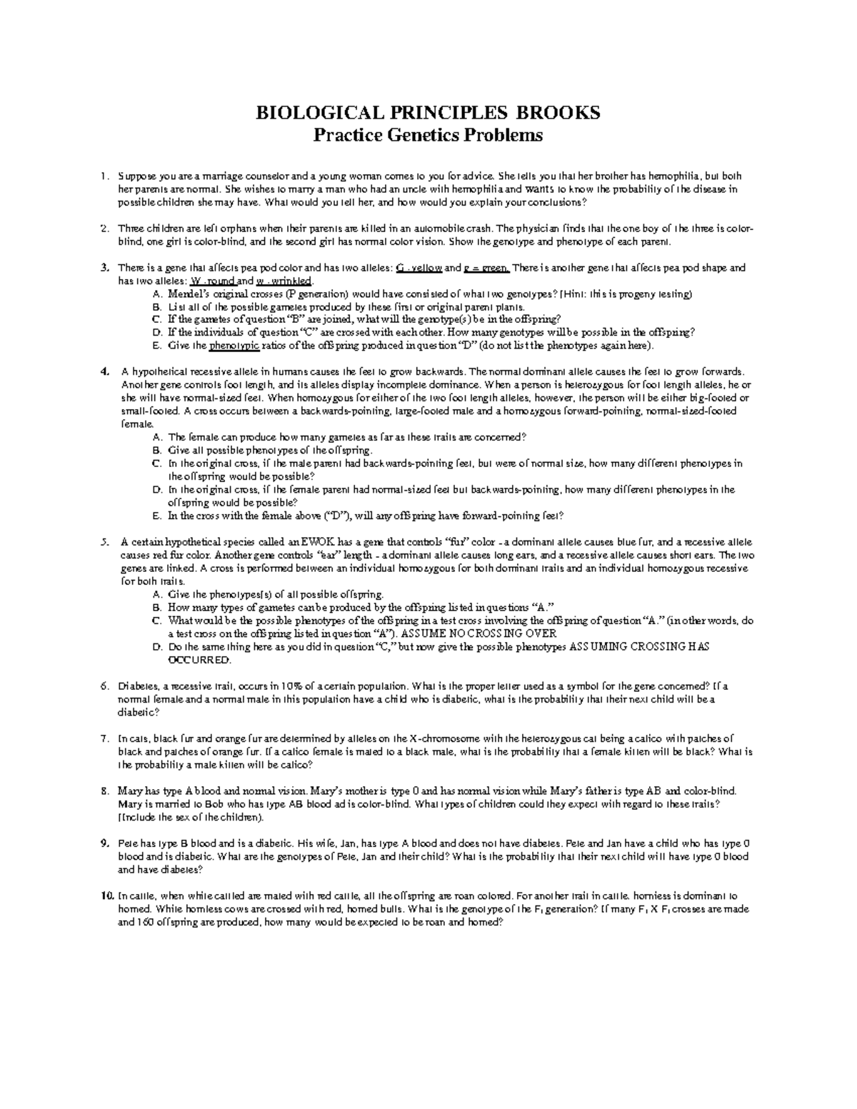 Practice Genetic Questions - Brooks - BIOLOGICAL PRINCIPLES - BROOKS Practice Genetics Problems ...